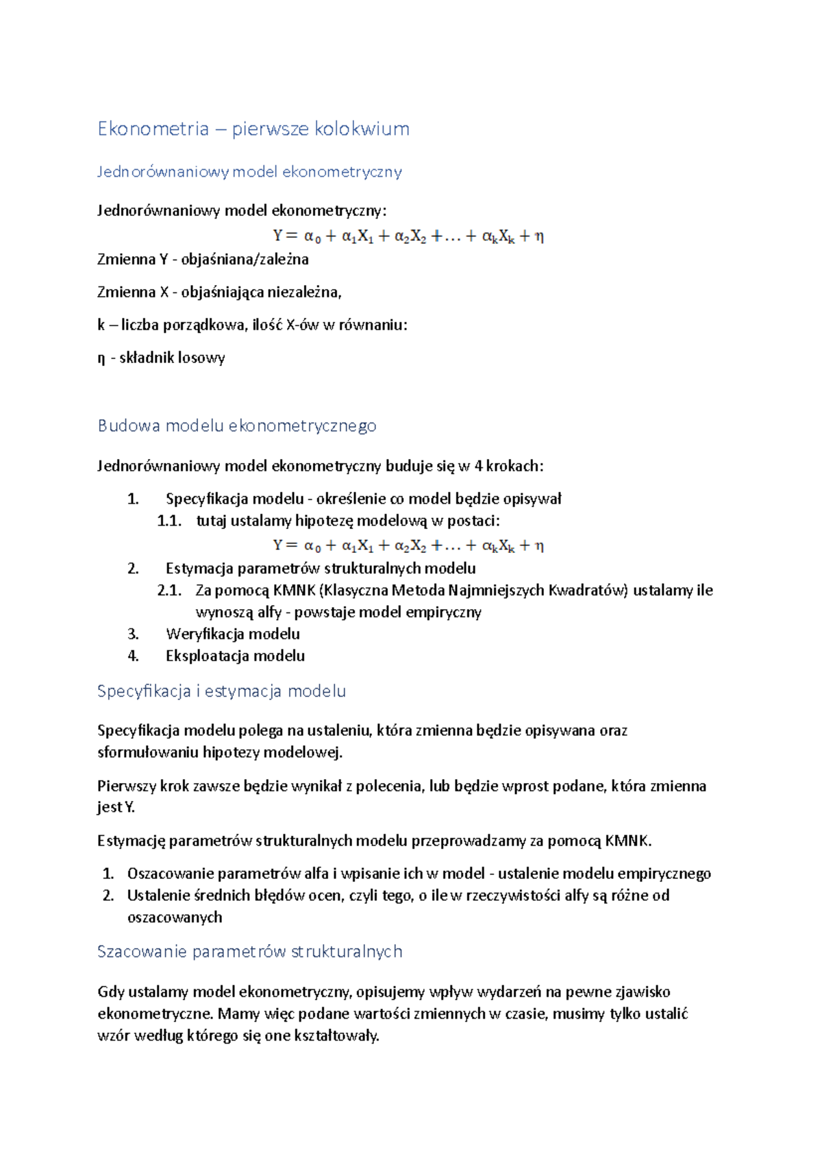 Ekonometria do kolokwium 1 - Ekonometria – pierwsze kolokwium Jednorównaniowy model ...