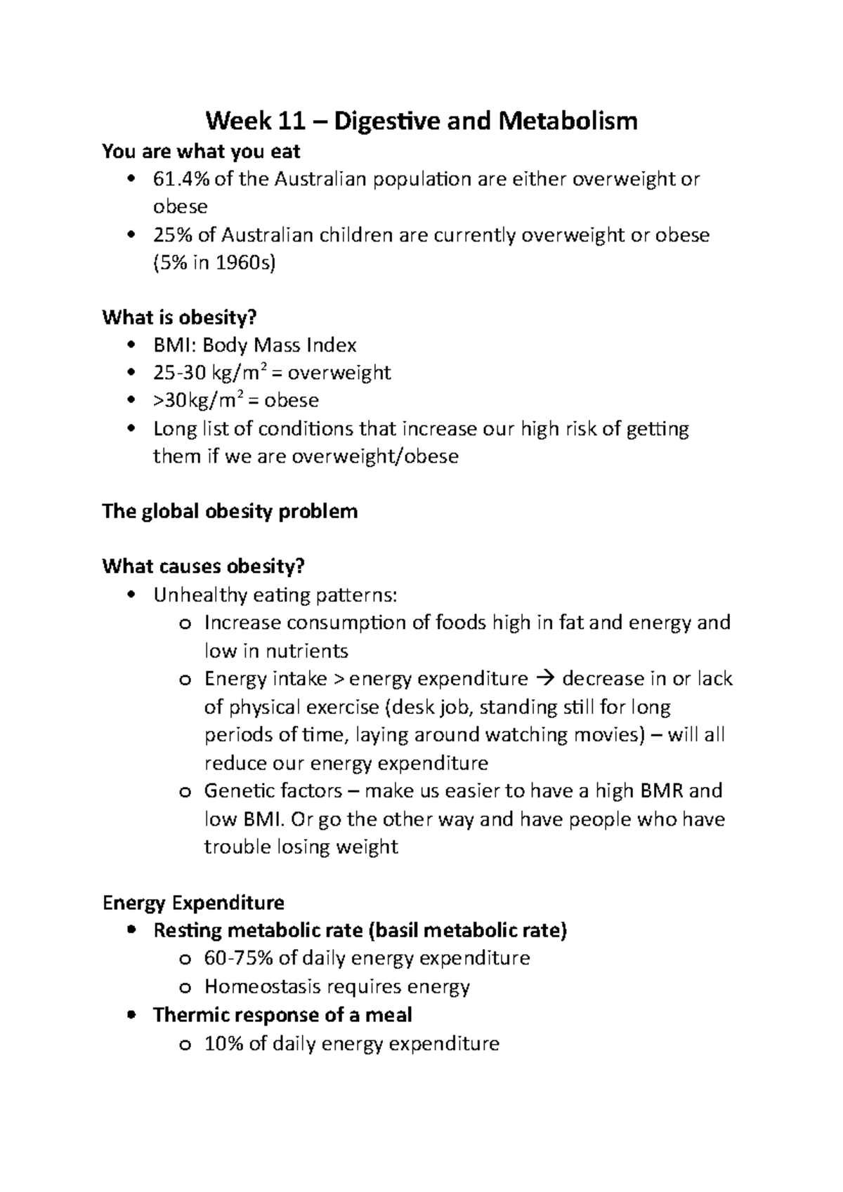 Week 11 Digestion & Metabolism - Lecture Notes - Week 11 – Digestive ...