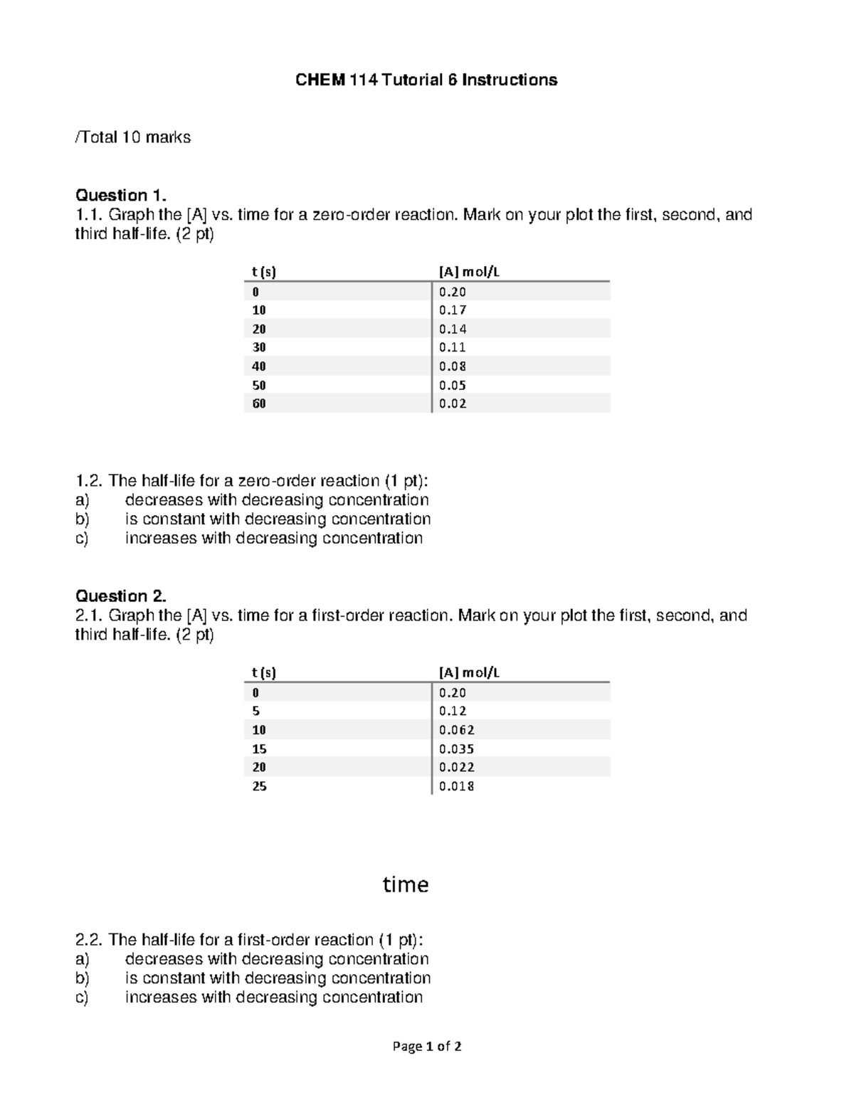 CHEM 114 Tutorial Groupwork 6 Kinetics - Page 1 of 2 CHEM 114 Tutorial ...