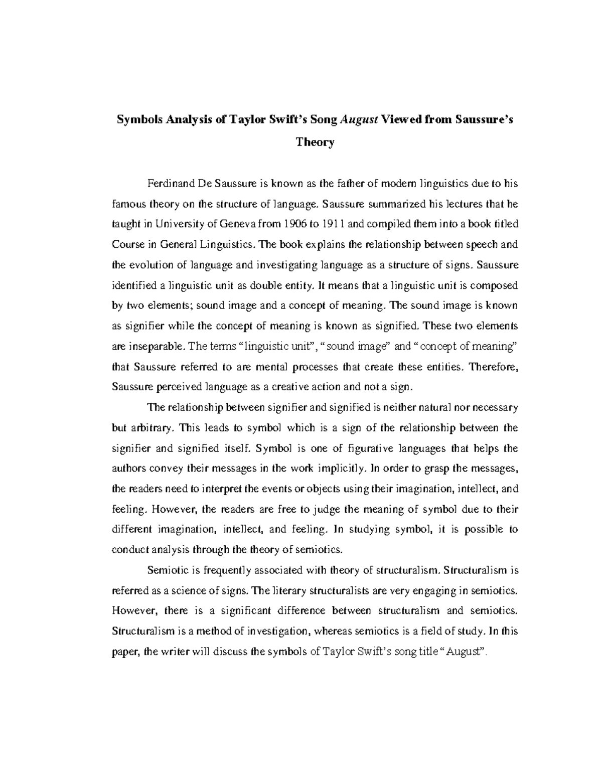 Symbols Analysis of Taylor Swift’s Song August Viewed from Saussure’s ...