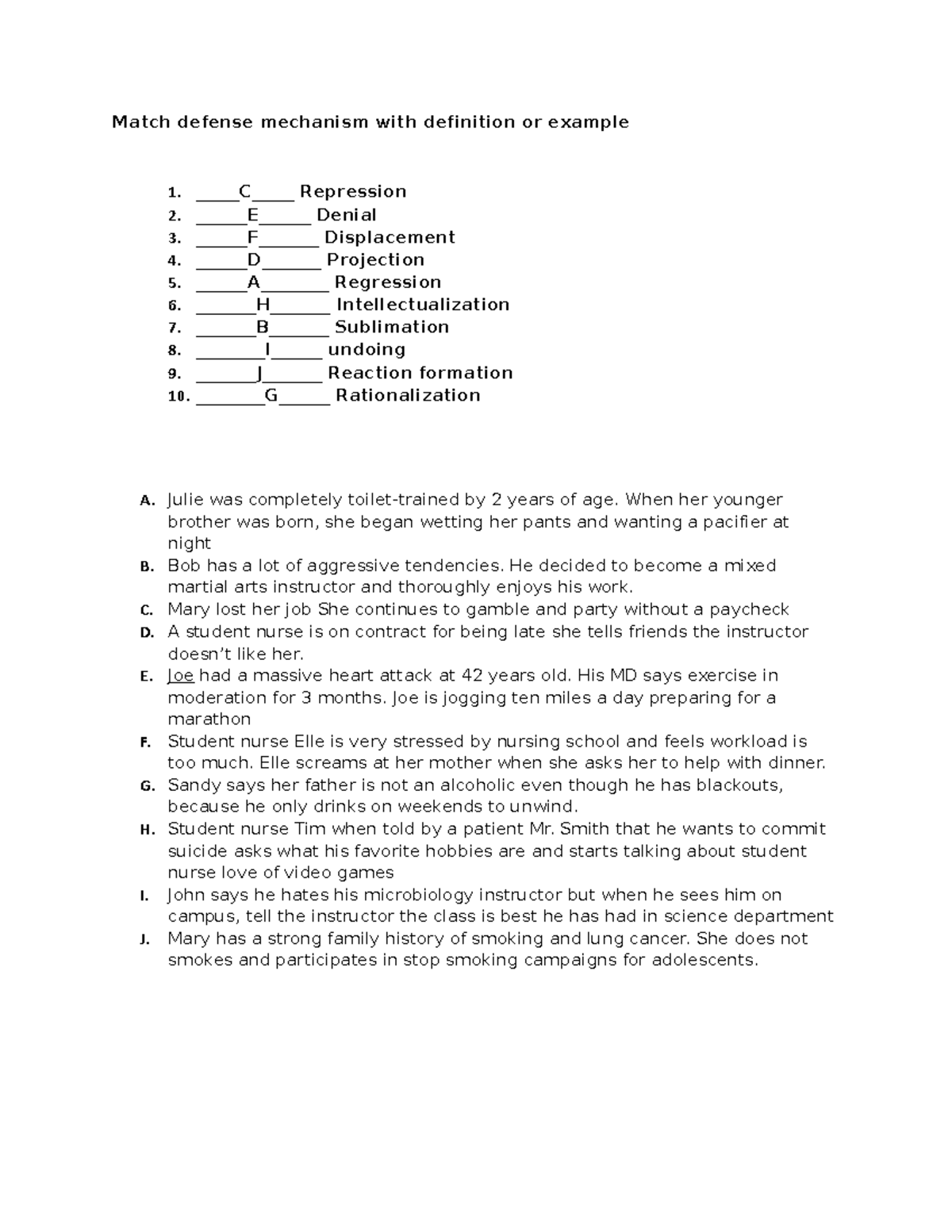 Defense mechanism learning activity - Match defense mechanism with ...