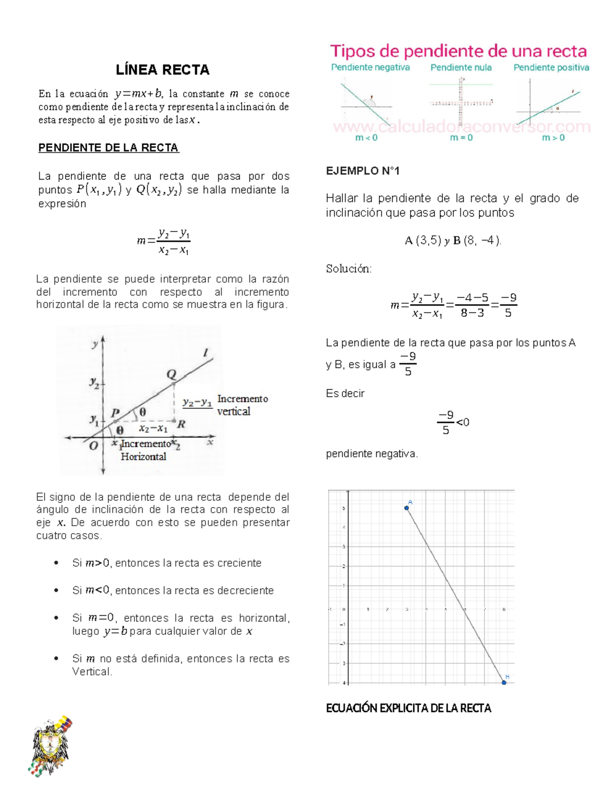 Linea Recta - LÍNEA RECTA En la ecuación y=mx+b, la constante m se ...