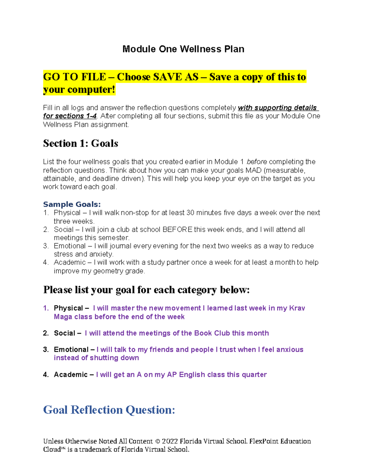 Module One Wellness Plan - After completing all four sections, submit ...