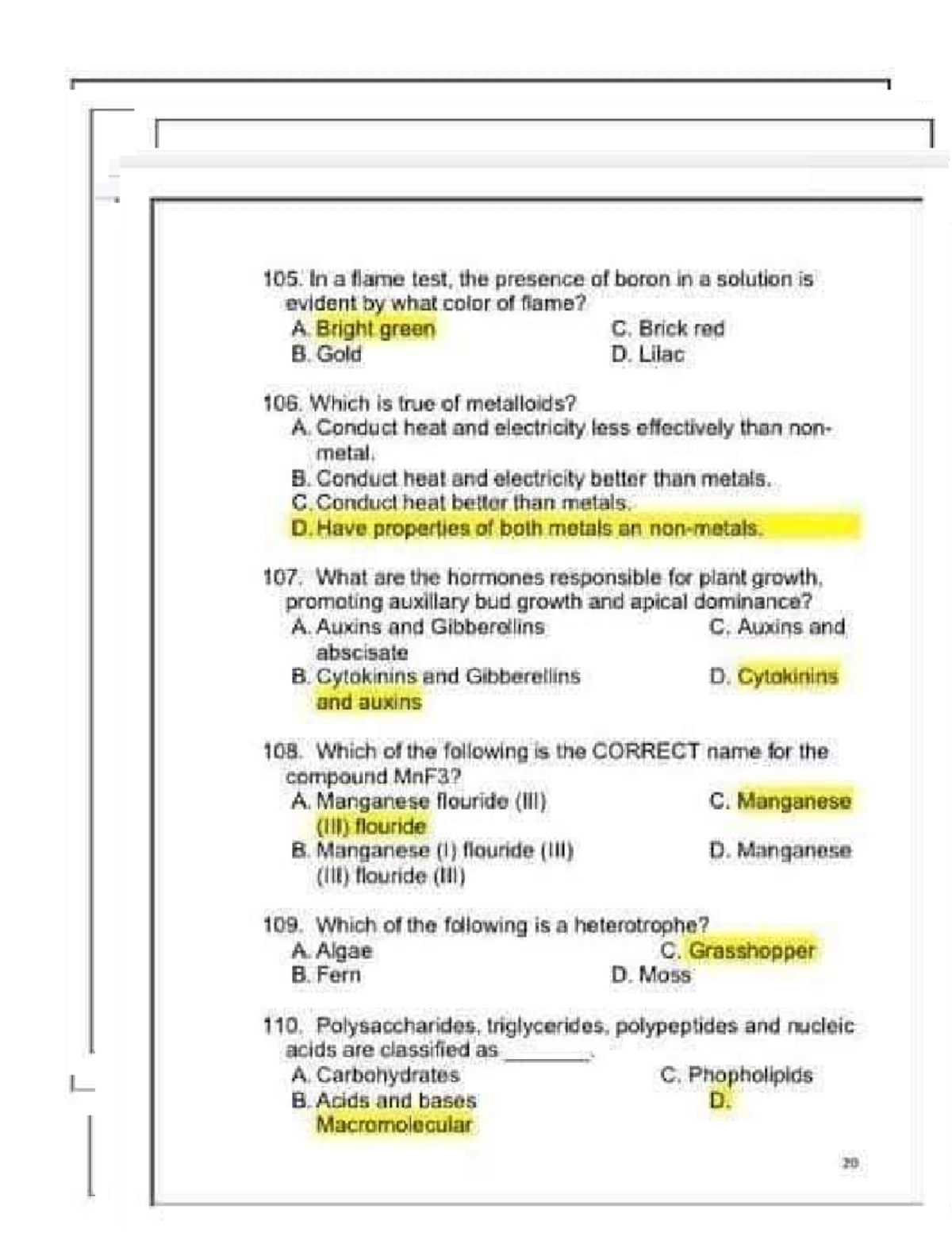 Review - 105. In a flame test, the presence of boron in a solution is ...