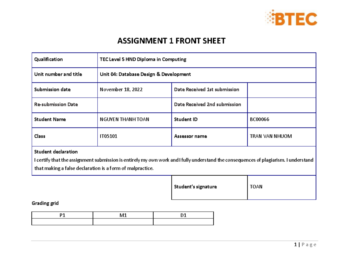 Assignment 1 - BC00066 - This asm1 - ASSIGNMENT 1 FRONT SHEET Qualification TEC Level 5 HND ...
