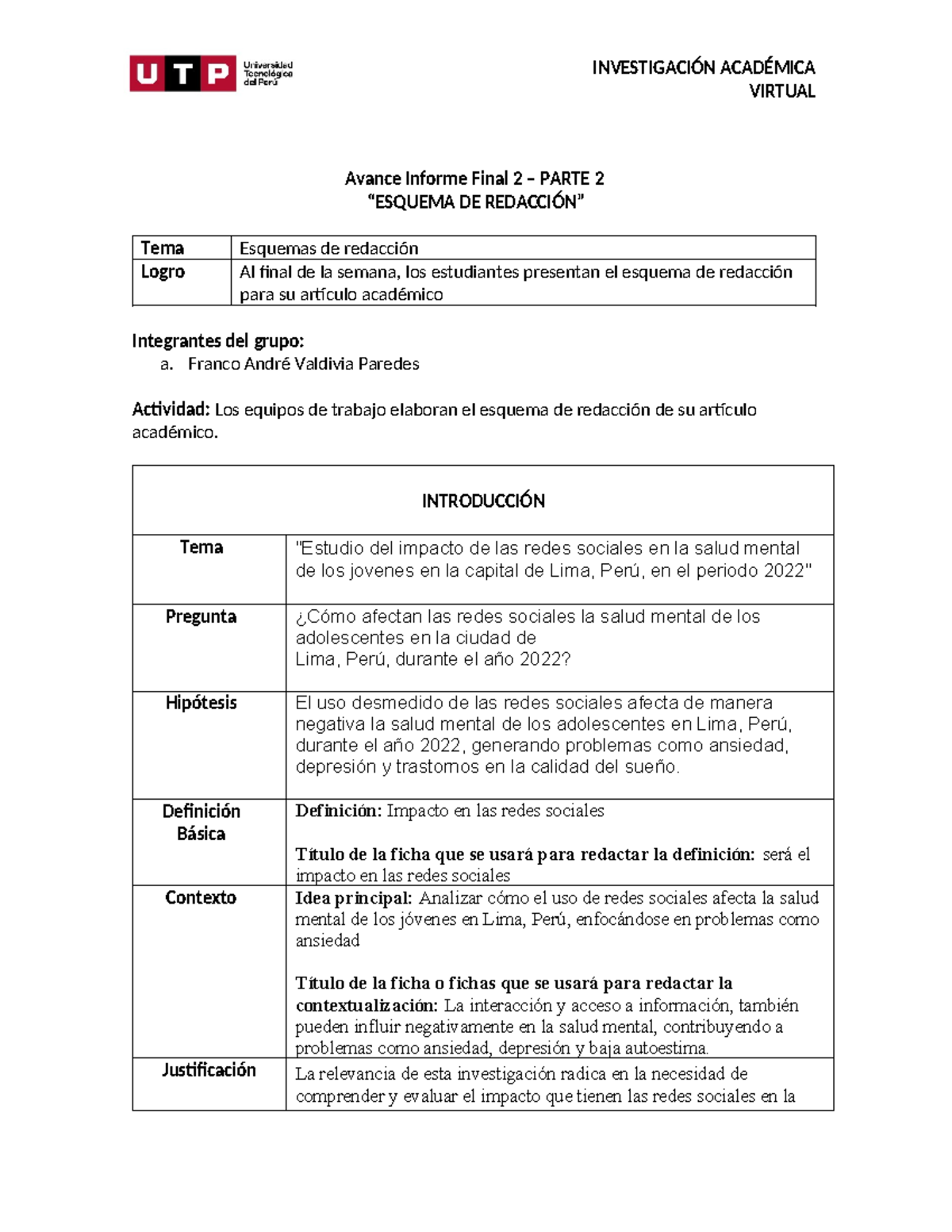 Semana 11 parte 2 esquema final - INVESTIGACIÓN ACADÉMICA VIRTUAL Avance Informe Final 2 – PARTE ...