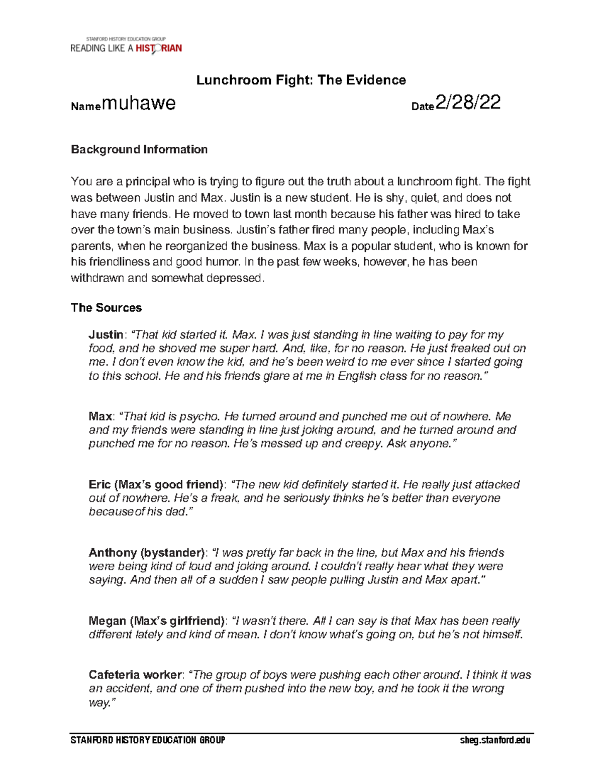 Finally Lunchroom Fight II Student Materials - En fillable 0 ...