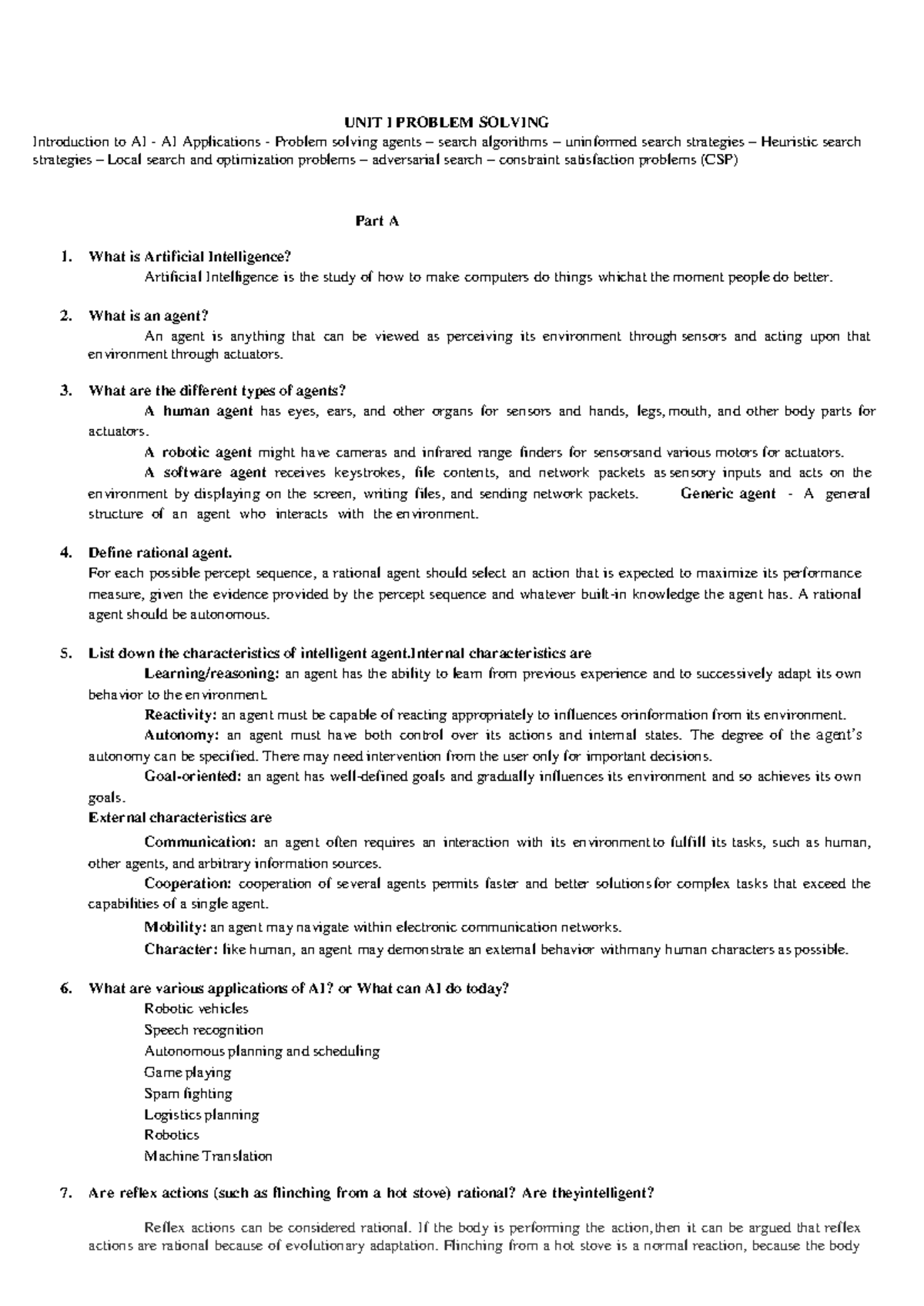 AIML 2 Marks with answers - UNIT I PROBLEM SOLVING Introduction to AI - AI Applications ...