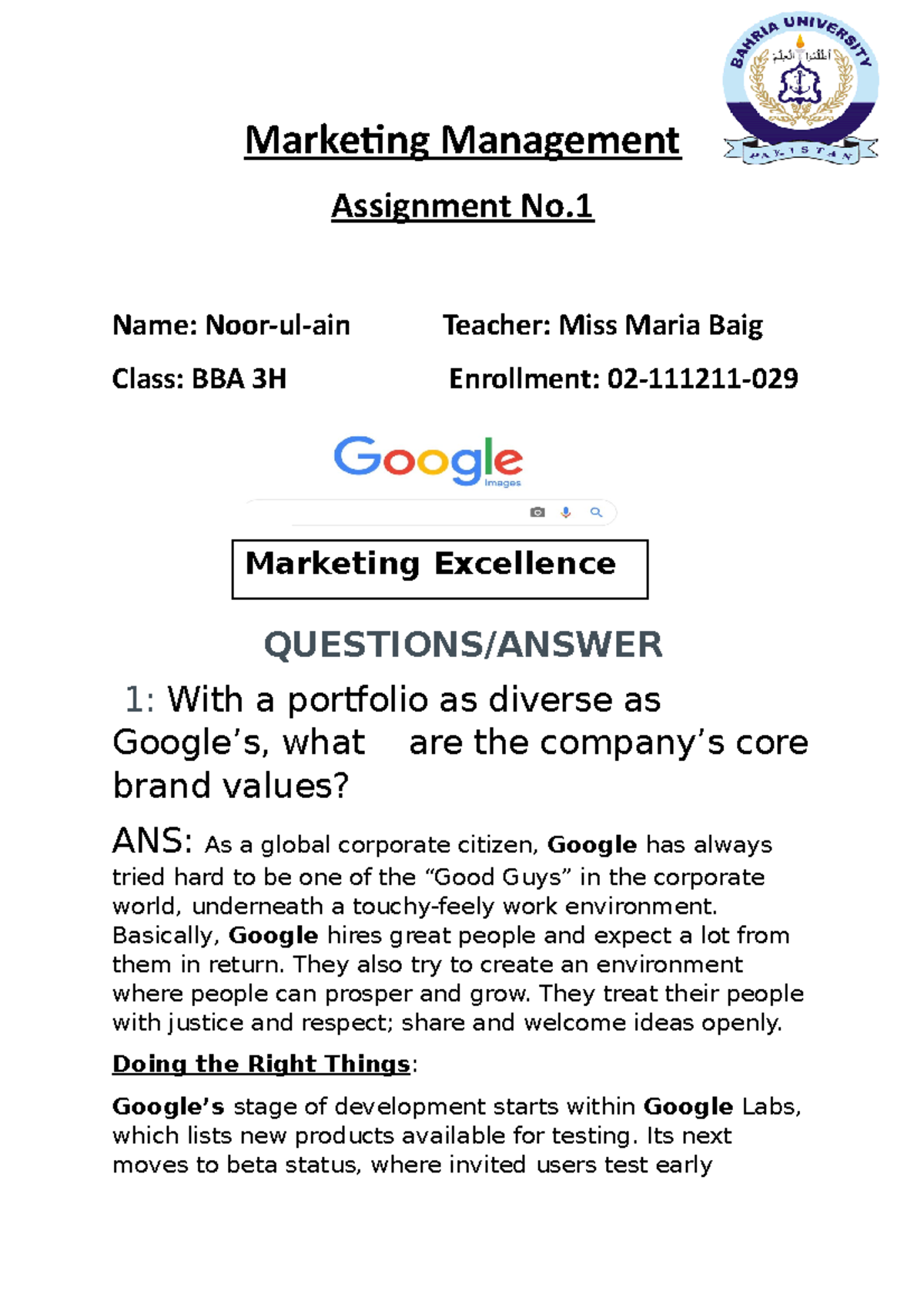 Marketing google assignment - Marketing Management Assignment No. Name ...