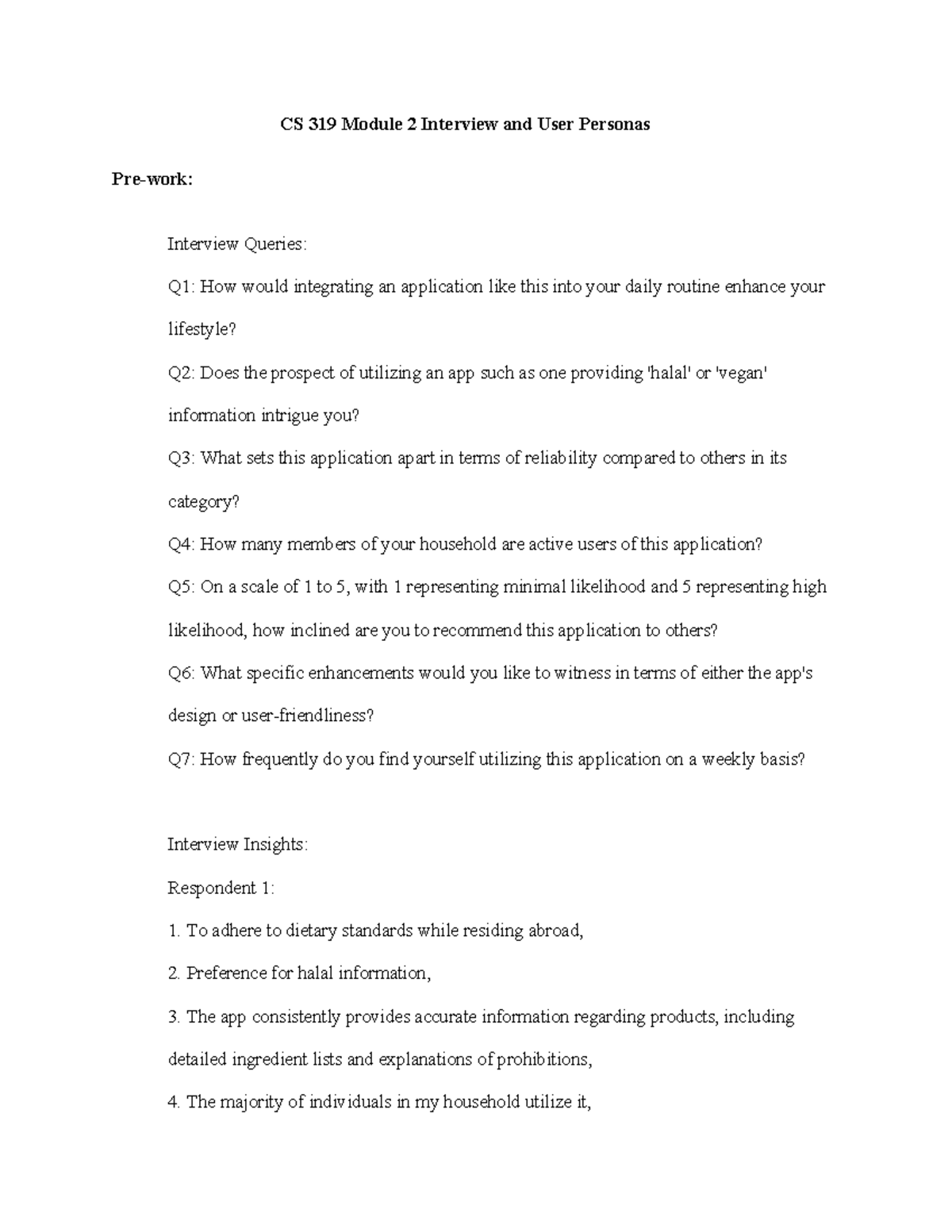 CS 319 Module 2 Interview and User Personas - CS 319 Module 2 Interview and User Personas Pre ...