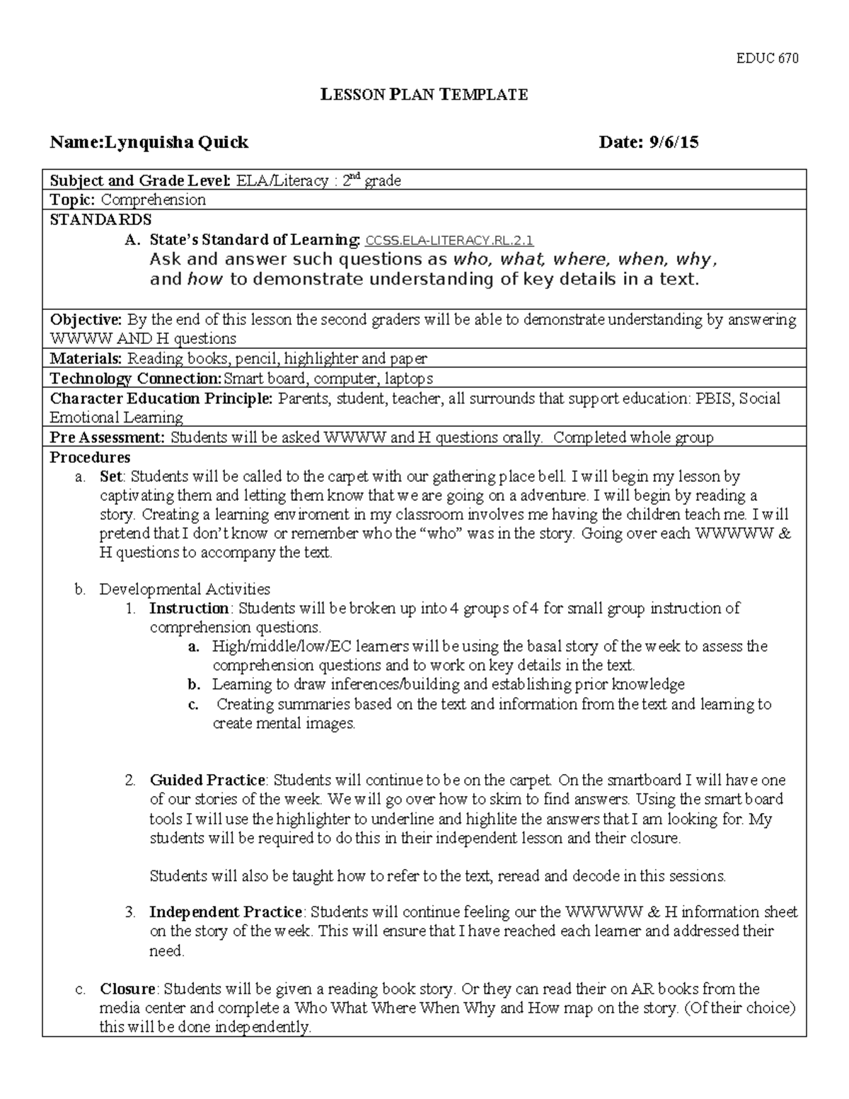 EDUC 670 Lesson plan - essay - EDUC 670 LESSON PLAN TEMPLATE Name ...