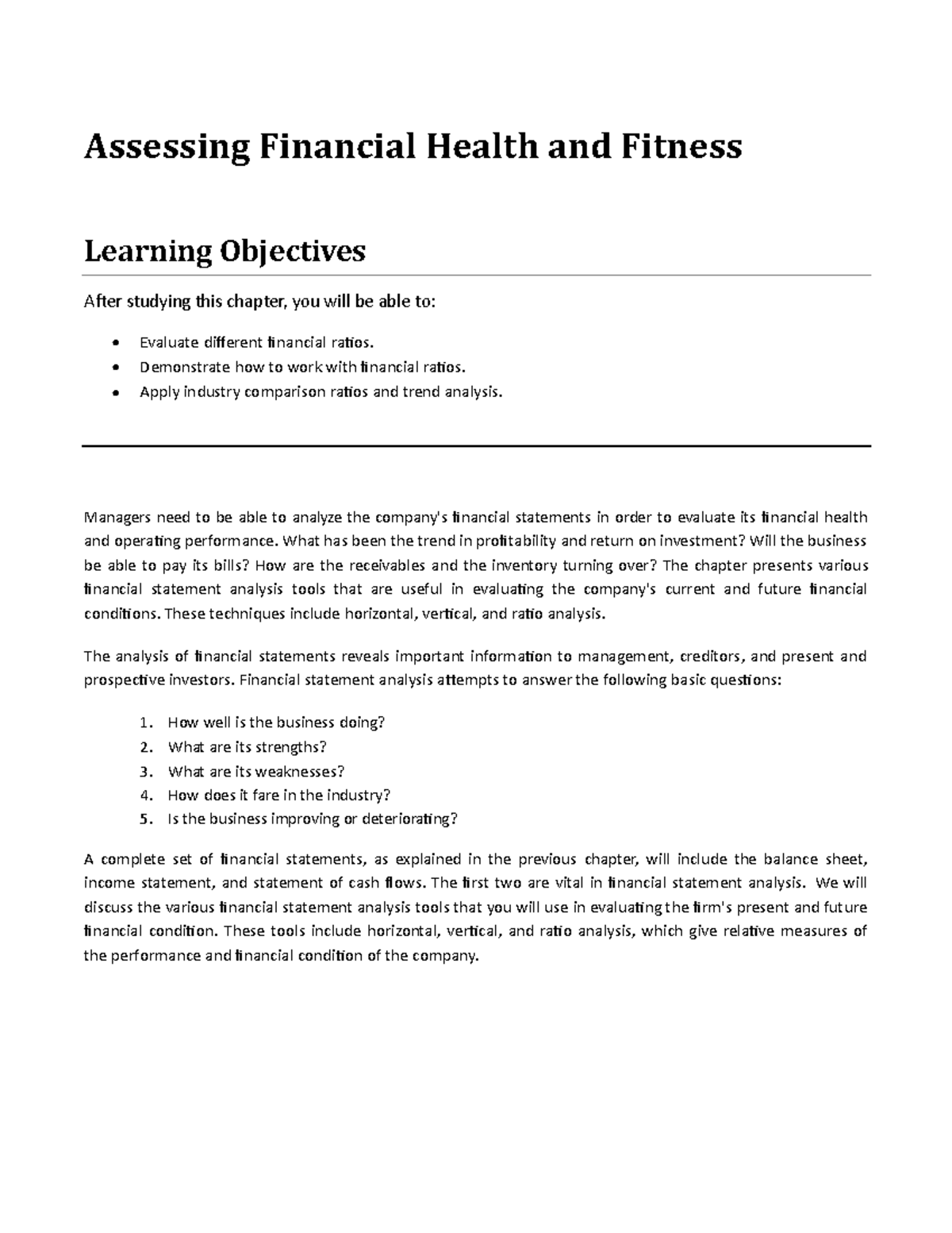 Assessing Financial Health and Fitness - Assessing Financial Health and ...