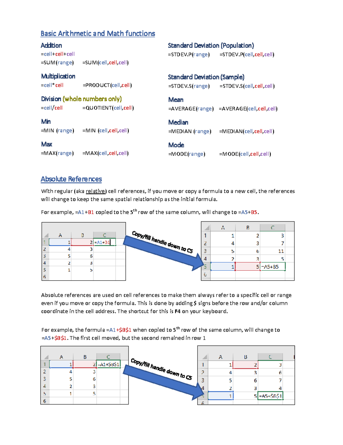 Week 3 notes - Basic Arithmetic and Math functions Addition =cell+cell ...