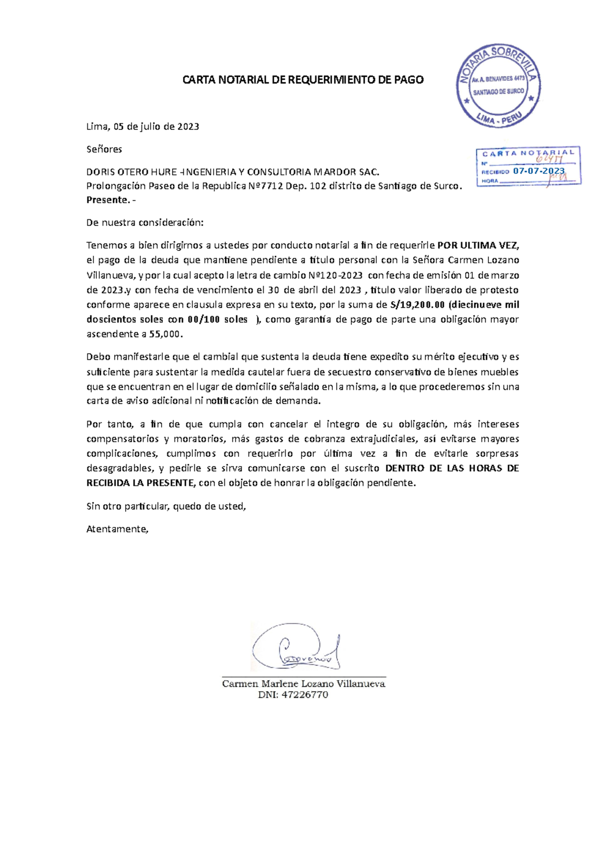 4. Carta Notarial DE Requerimiento DE PAGO - CARTA NOTARIAL DE ...