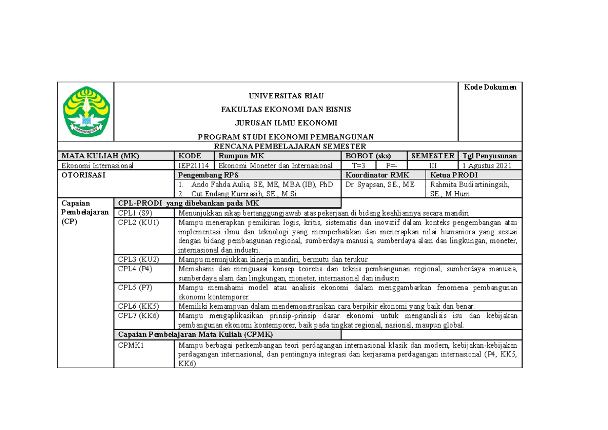 14. RPS OBE Ekonomi Internasional - UNIVERSITAS RIAU FAKULTAS EKONOMI ...