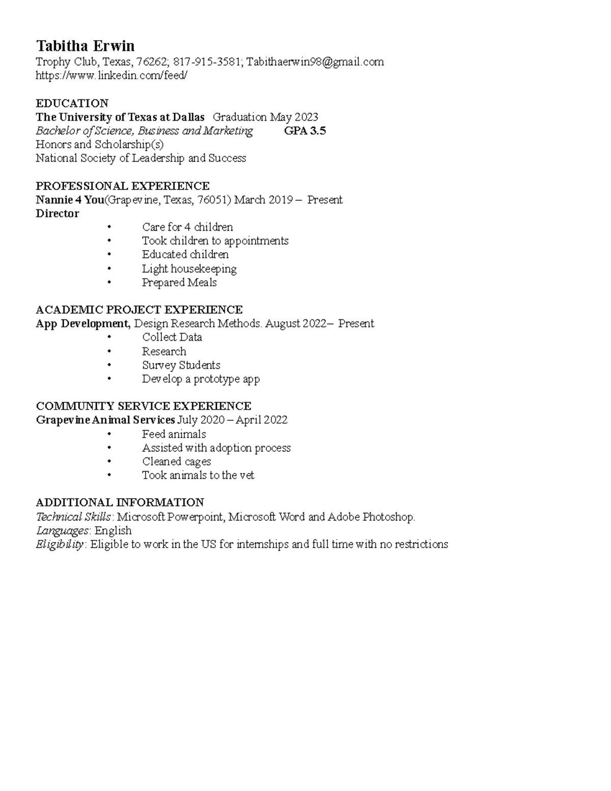 CMC Undergraduate Resume Template - Tabitha Erwin Trophy Club, Texas ...