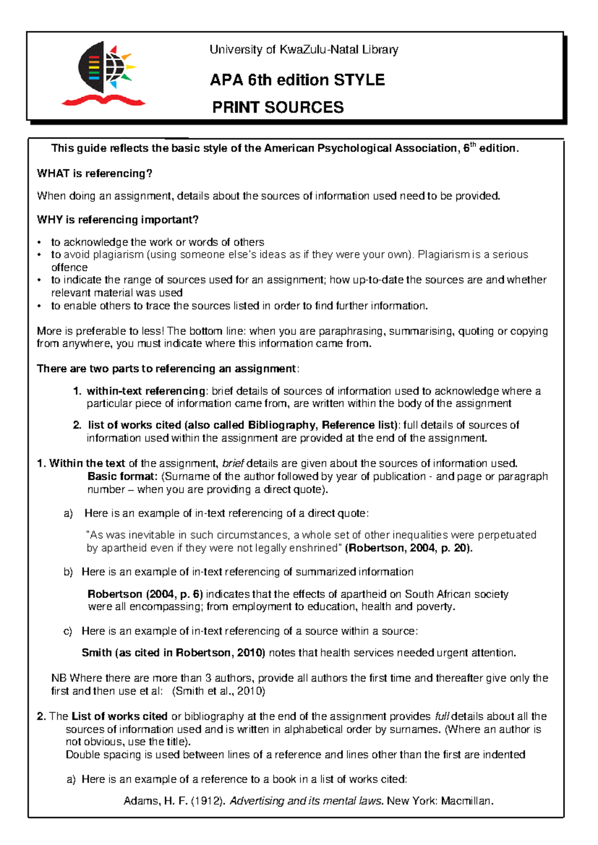 Referencing guideline - University of KwaZulu-Natal Library APA 6th ...
