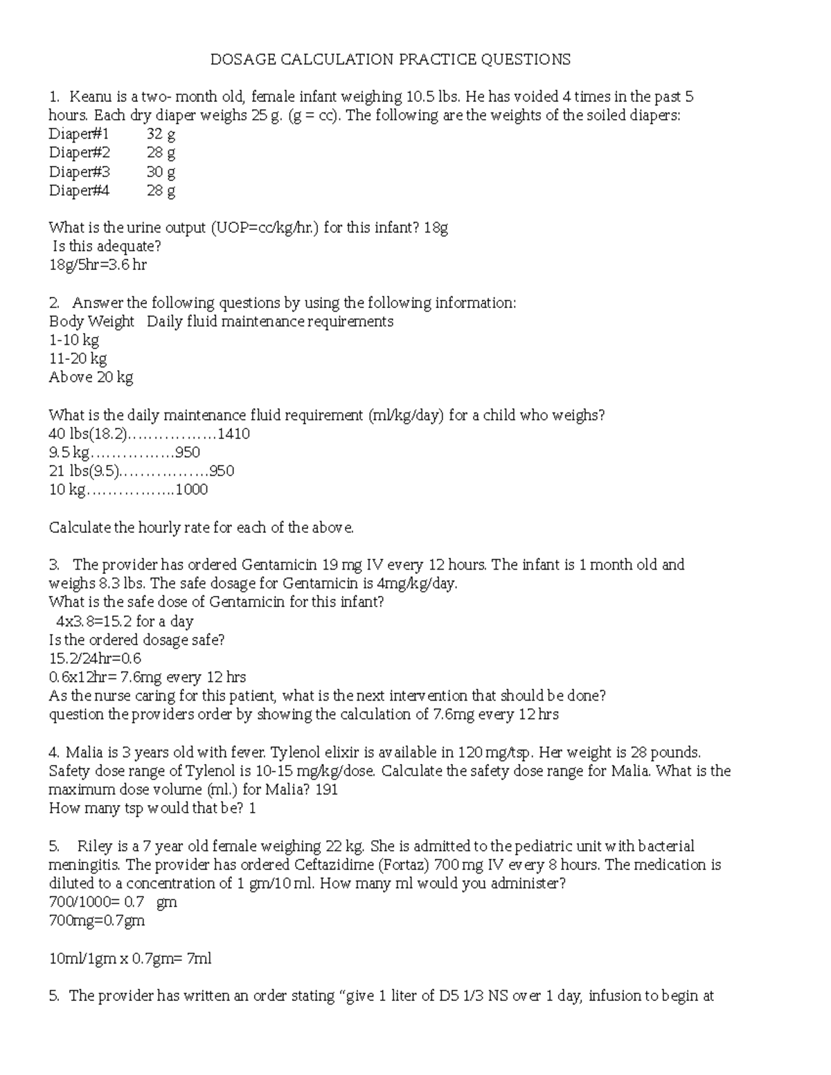 Dosage Calculation Practice Questions - DOSAGE CALCULATION PRACTICE ...