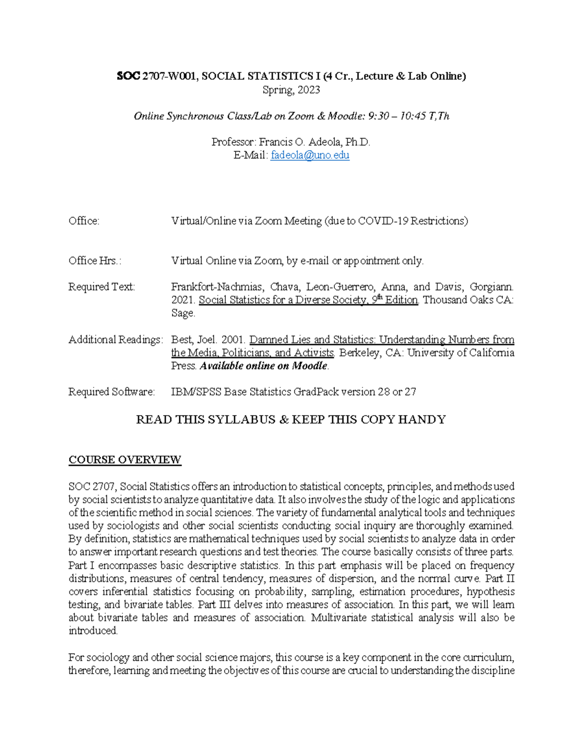 SOC 2707-0001, Social Statistics I, Syllabus Spring 2023 (Adeola) - SOC ...