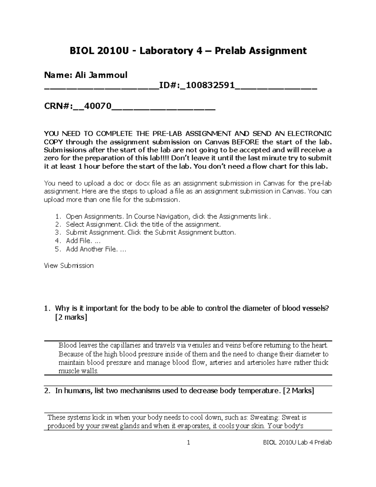 2010 lab 4 pre lab 2022 - ndwednd - 1 BIOL 2010U Lab 4 Prelab BIOL ...