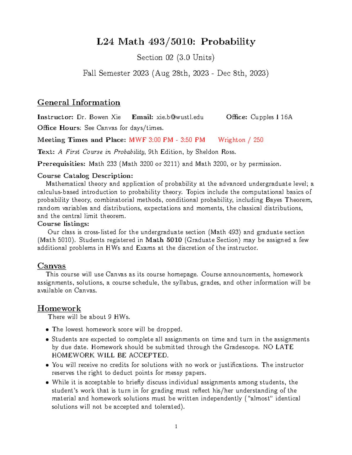 Math 493 Syllabus F2023 - L24 Math 493/5010: Probability Section 02 (3 ...