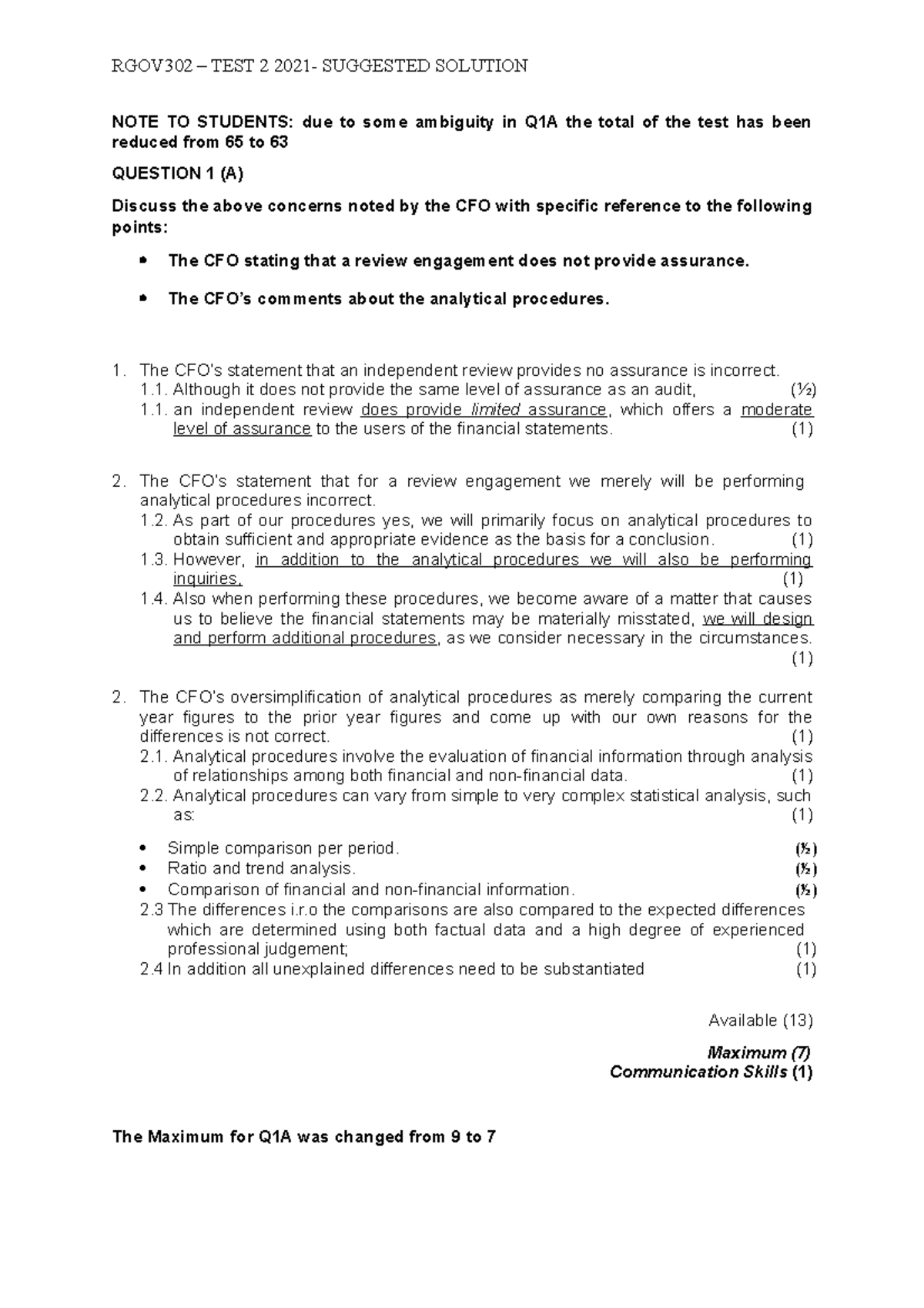 RGO302 Test 2 2021 MEMO Final (practice material) - RGOV302 – TEST 2 ...