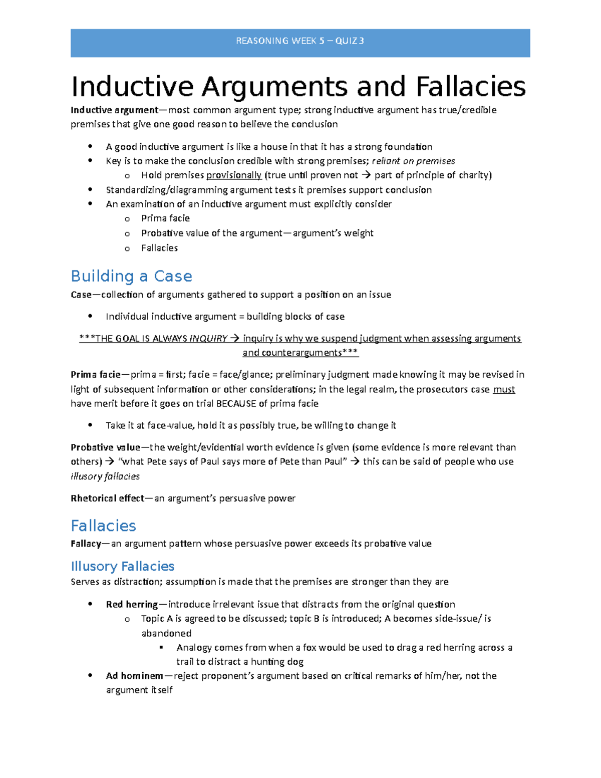 Inductive Arguments and Fallacies - REASONING WEEK 5 – QUIZ 3 Inductive ...