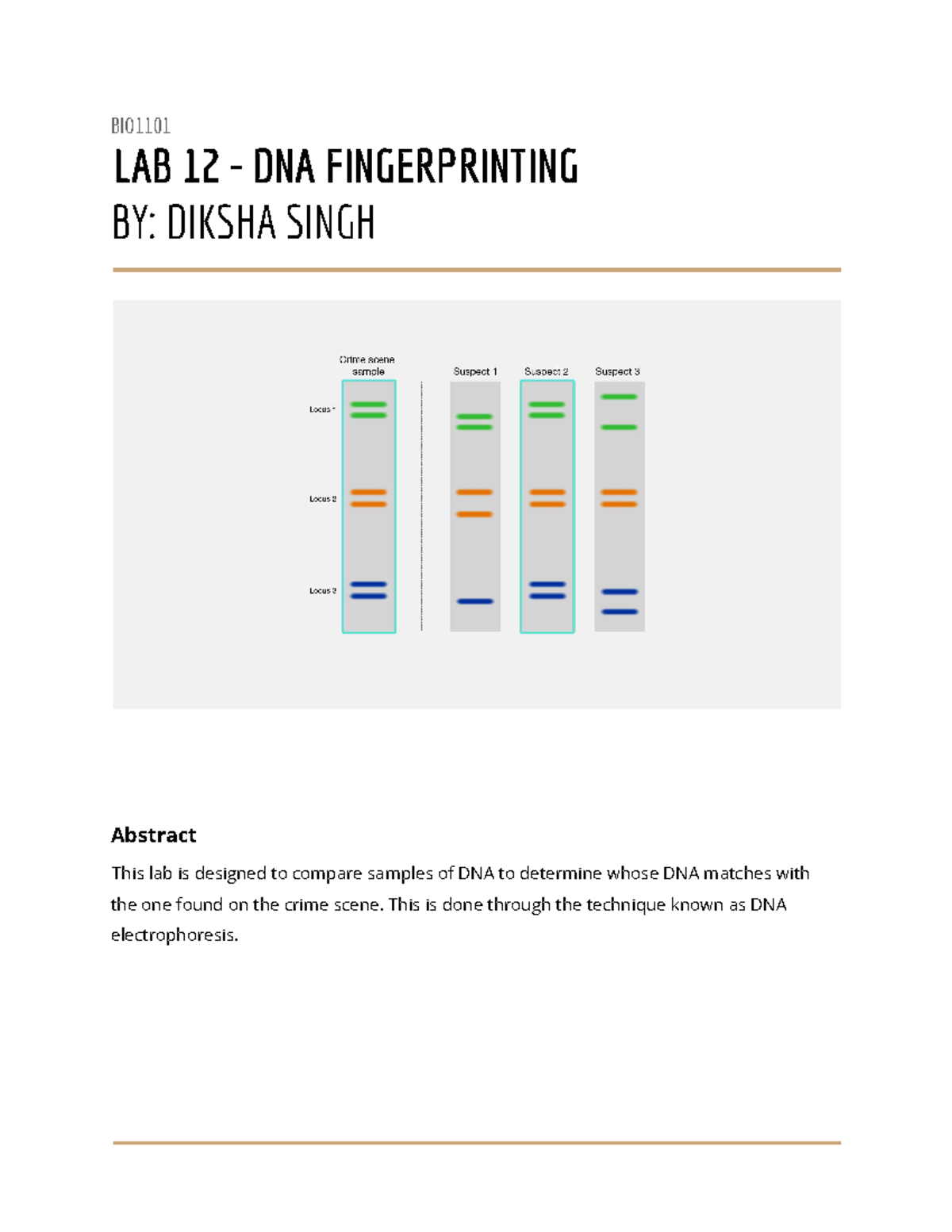 Lab 12 - DNA Fingerprinting - BIO LAB 12 - DNA FINGERPRINTING BY: DIKSHA SINGH Abstract This lab ...