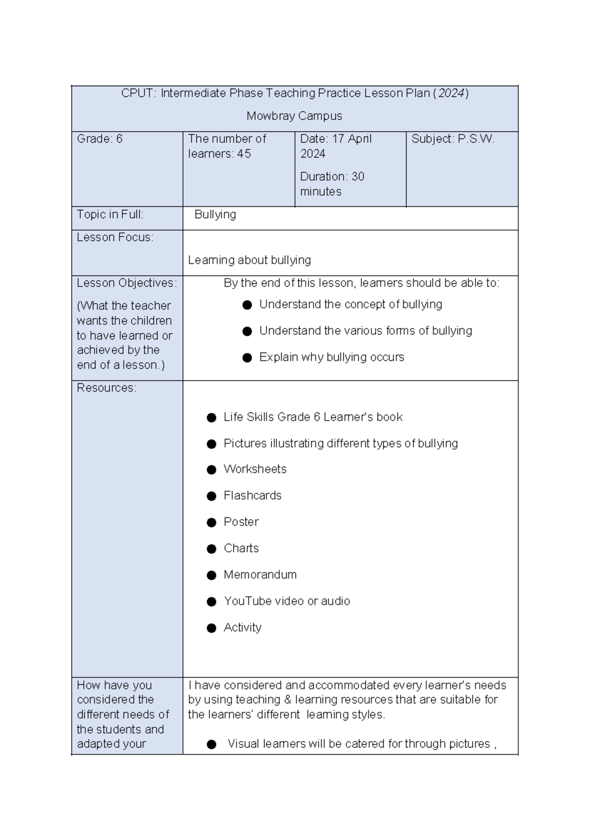 P.S.W. Lesson Plan - CPUT: Intermediate Phase Teaching Practice Lesson ...