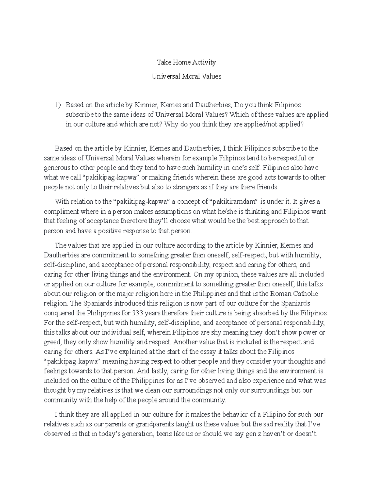 Universal Values - Ethics - Take Home Activity Universal Moral Values ...