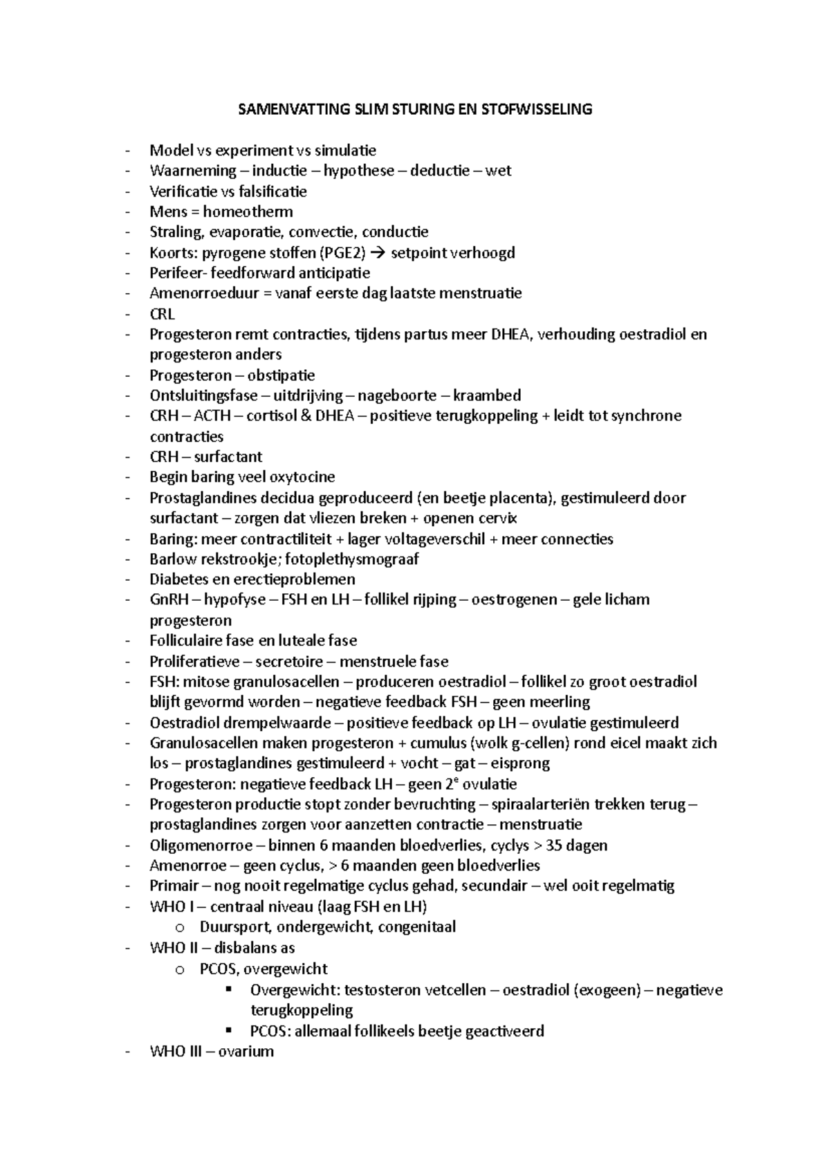Samenvatting SLIM Sturing EN Stofwisseling - SAMENVATTING SLIM STURING ...