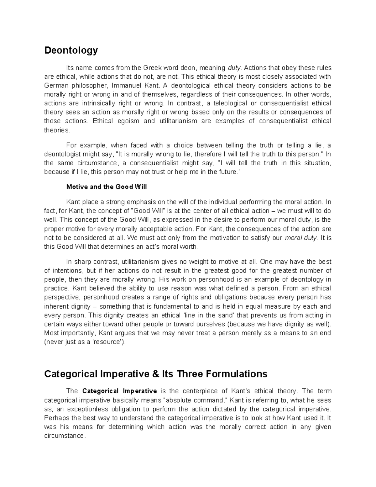 Handout 8 - Kant s Ethics - Deontology Its name comes from the Greek ...