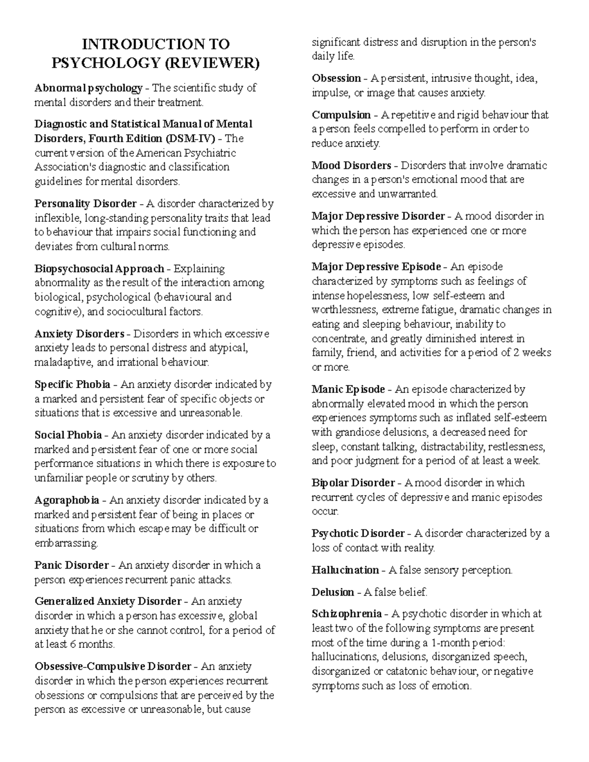 Introduction TO Psychology Reviewer - INTRODUCTION TO PSYCHOLOGY ...