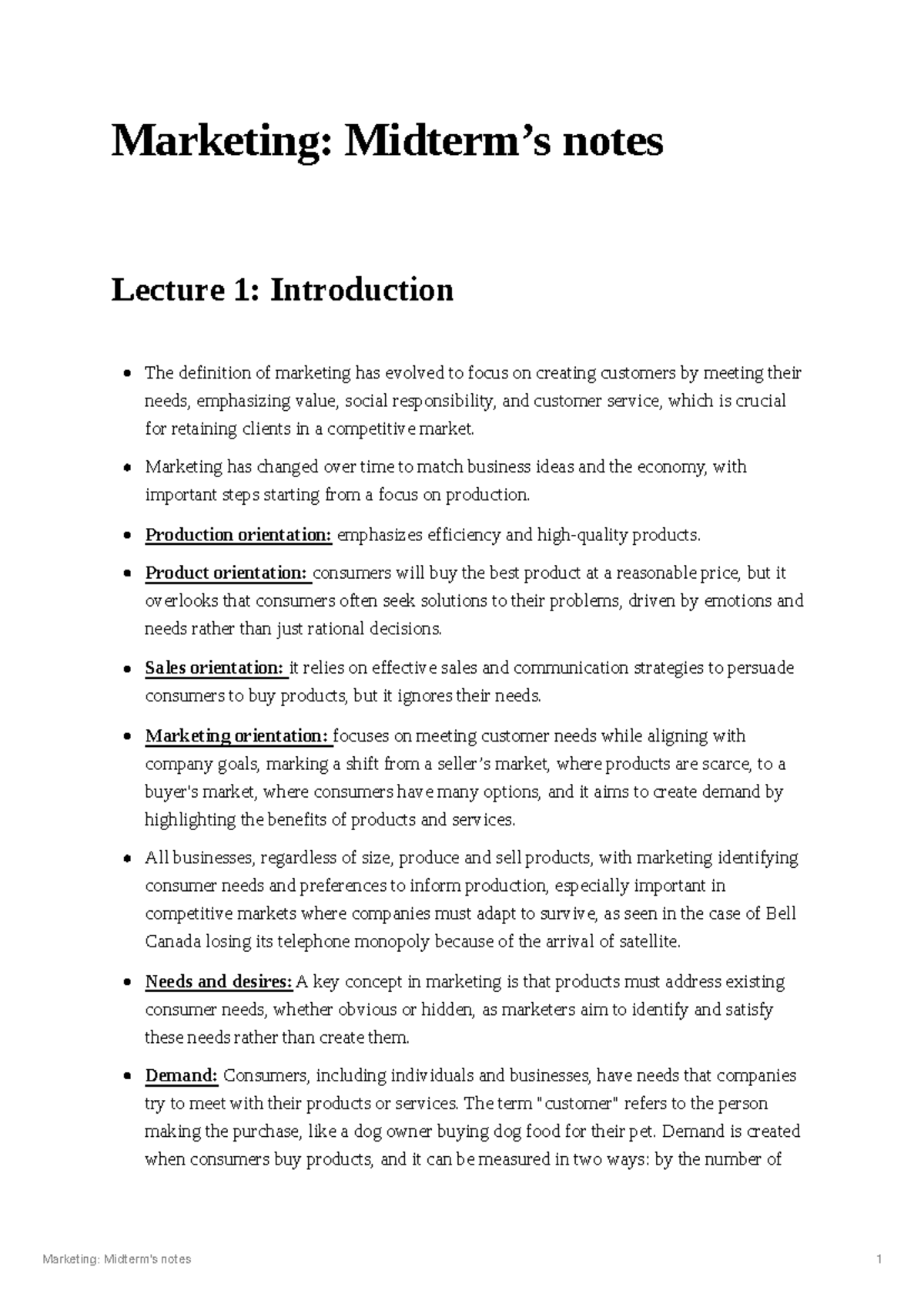 Marketing from 1 to 5 - Marketing: Midterm’s notes Lecture 1 ...