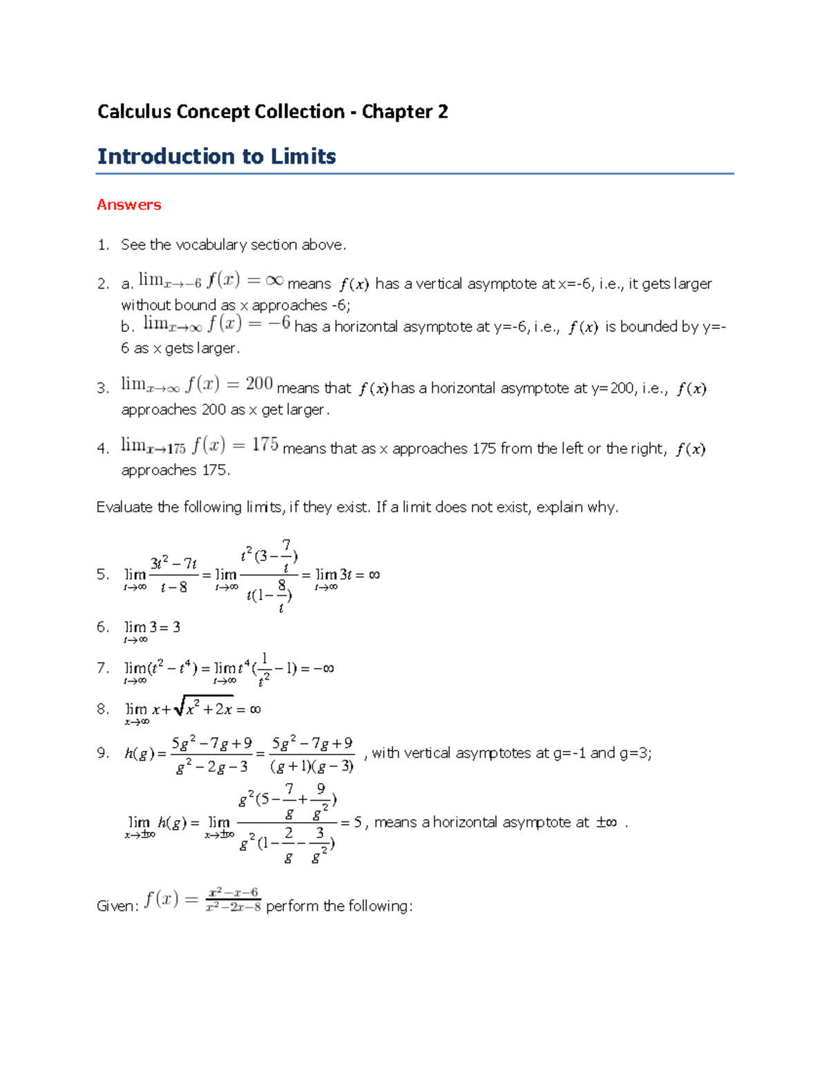 CC Calculus Chapter 2 Answers - Calculus Concept Collection - Chapter 2 Introduction to Limits ...