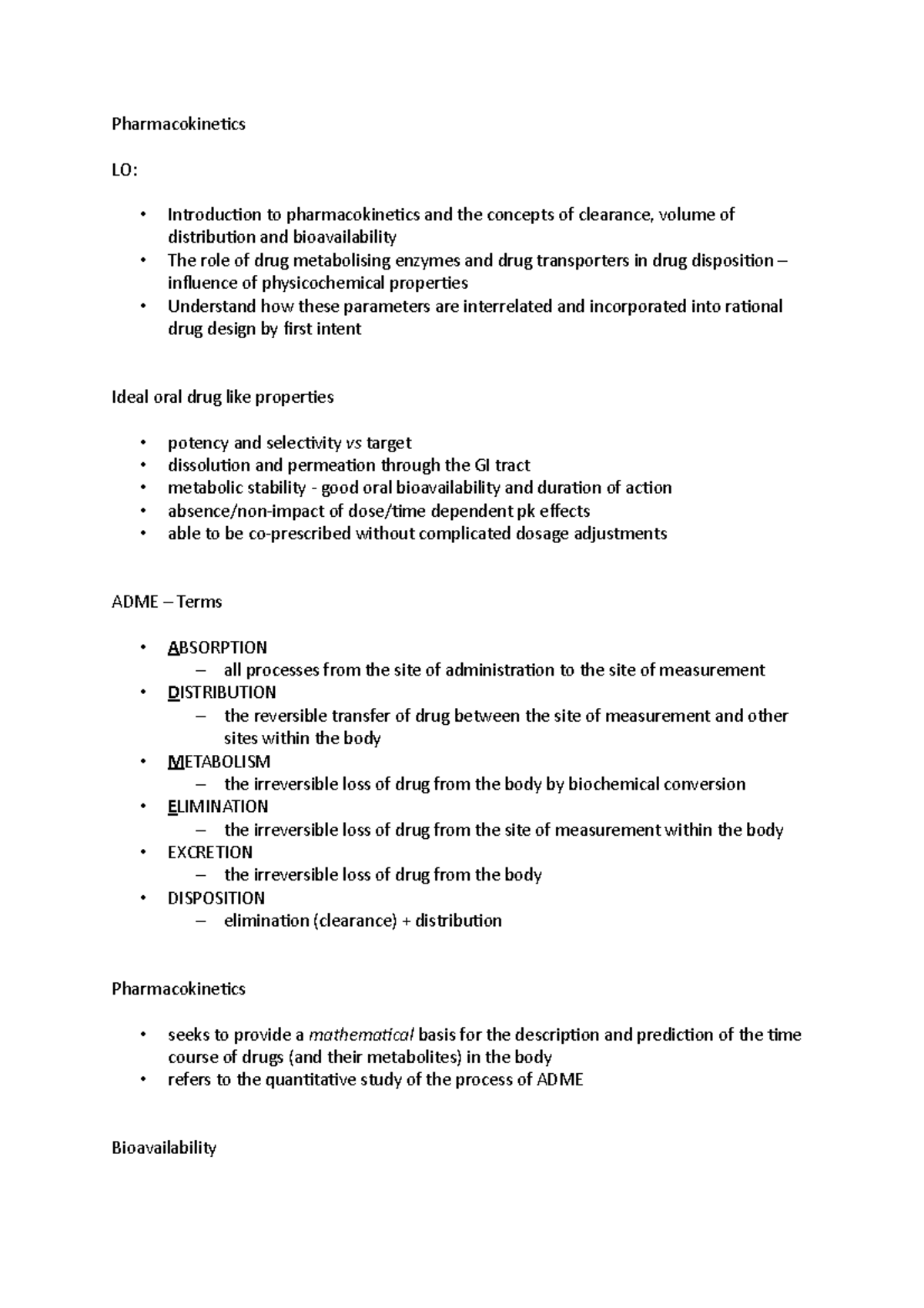 Pharmacokinetics Part 1 - Pharmacokinetics LO: Introduction to ...
