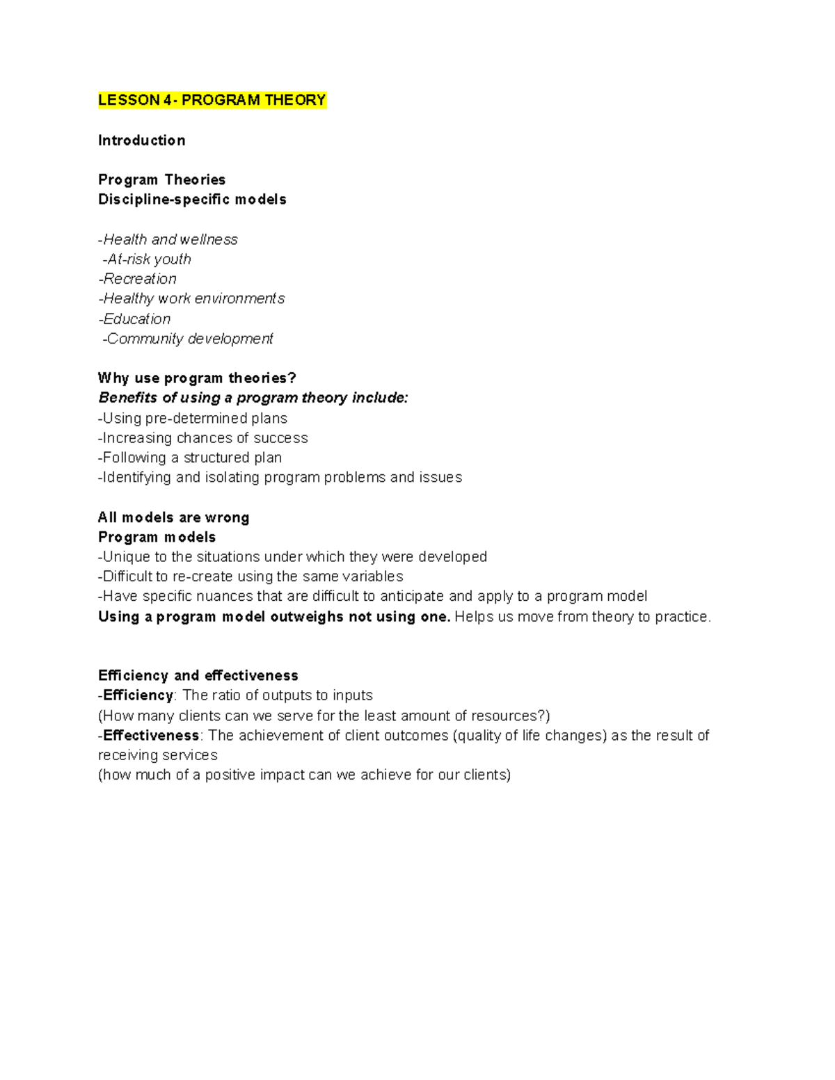 AHSC 260 - Chapter 4 - LESSON 4- PROGRAM THEORY Introduction Program ...