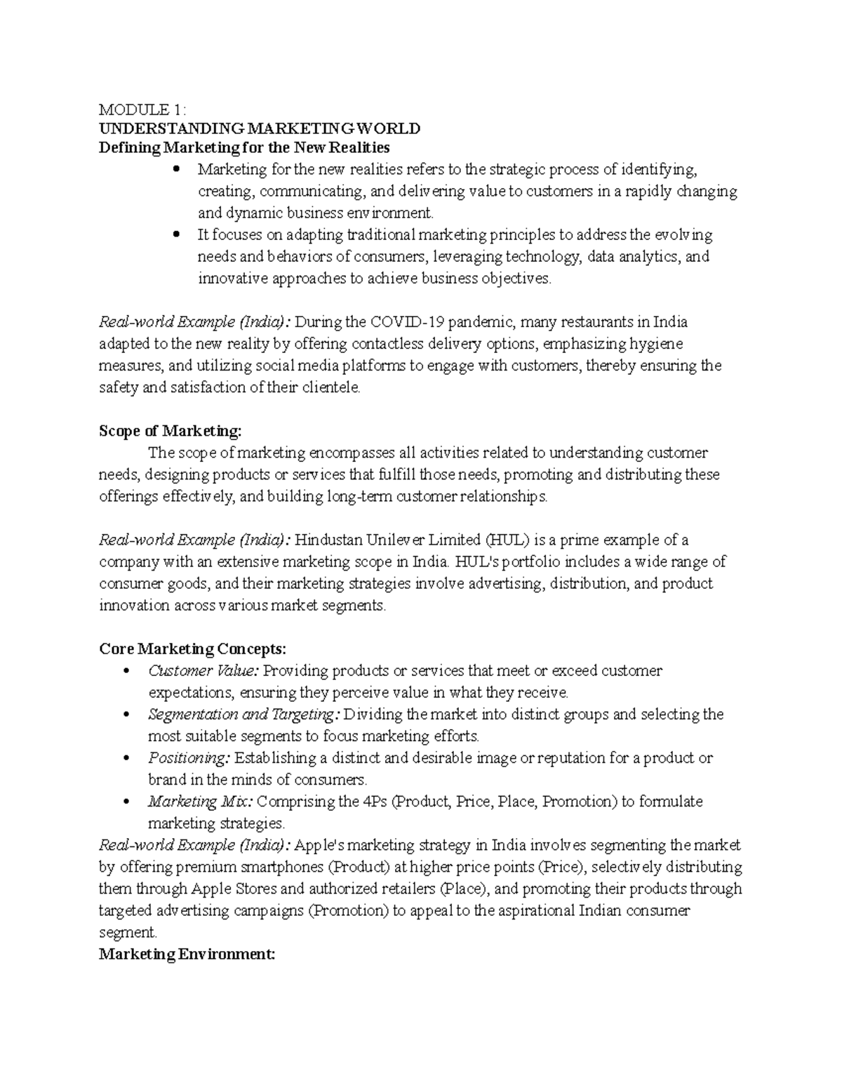 Marketing notes - MODULE 1: UNDERSTANDING MARKETING WORLD Defining ...