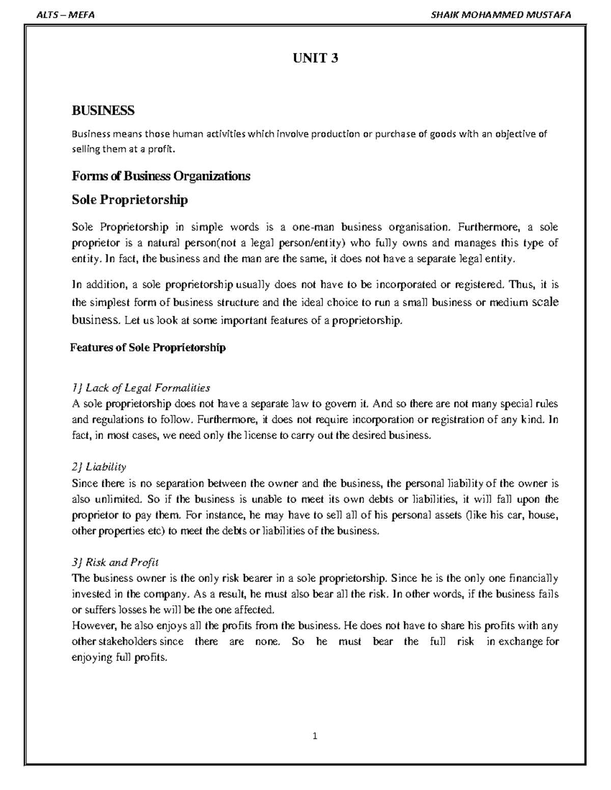 MEFA UNIT 3 - MEFA - UNIT 3 BUSINESS Business means those human activities which involve ...