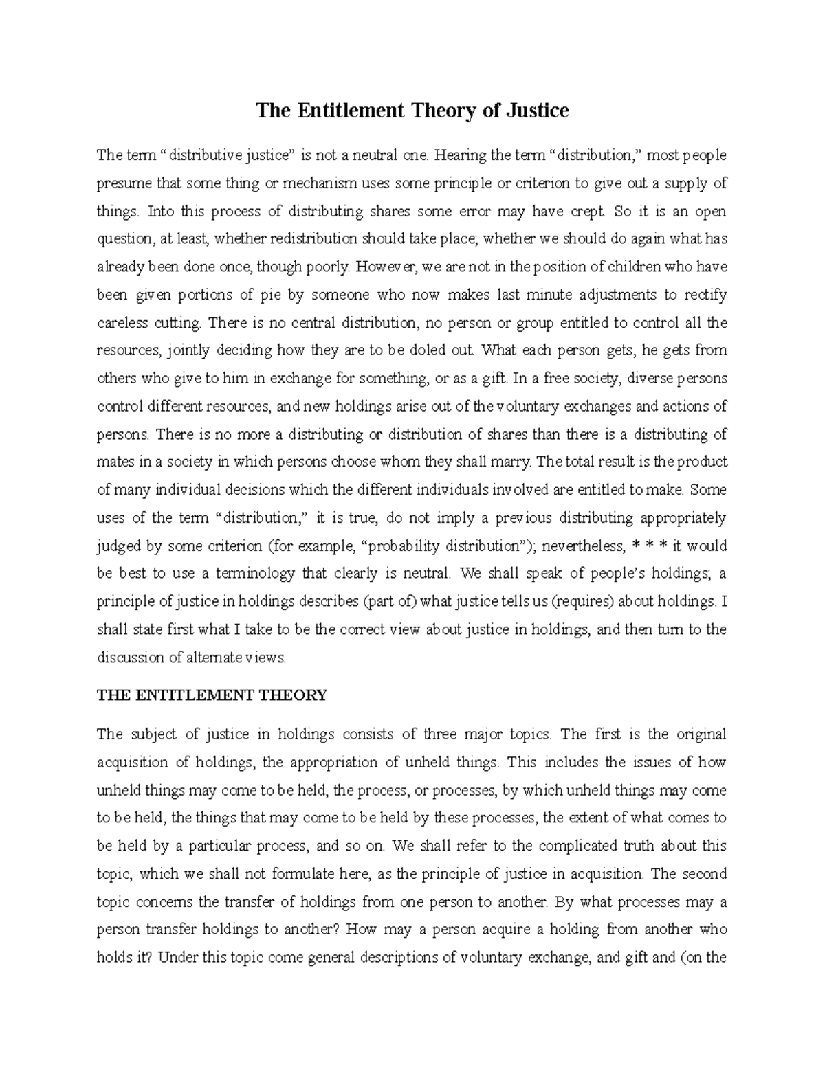 The Entitlement Theory of Justice - Hearing the term “distribution ...