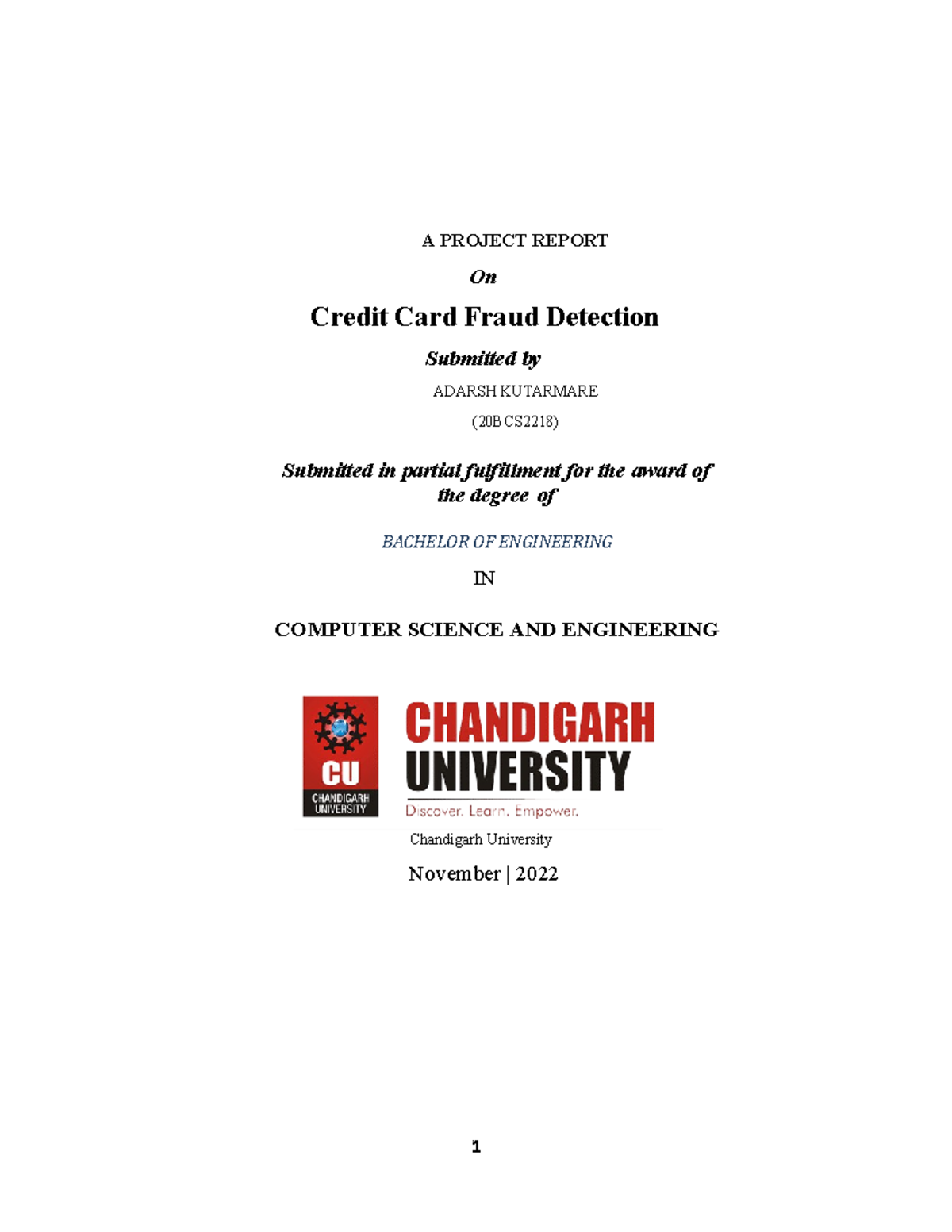 Adarsh 20BCS 2218 CCFD - A PROJECT REPORT On Credit Card Fraud ...