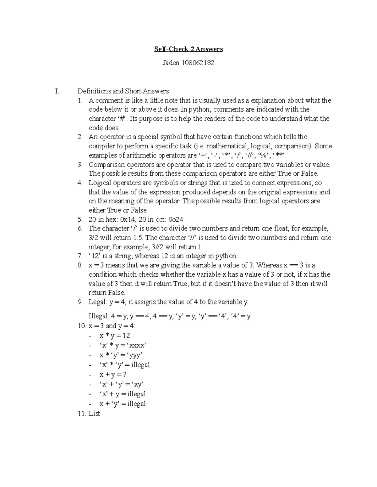 SC2 Answers 13 - self check - Self-Check 2 Answers Jaden 108062182 I. Definitions and Short ...
