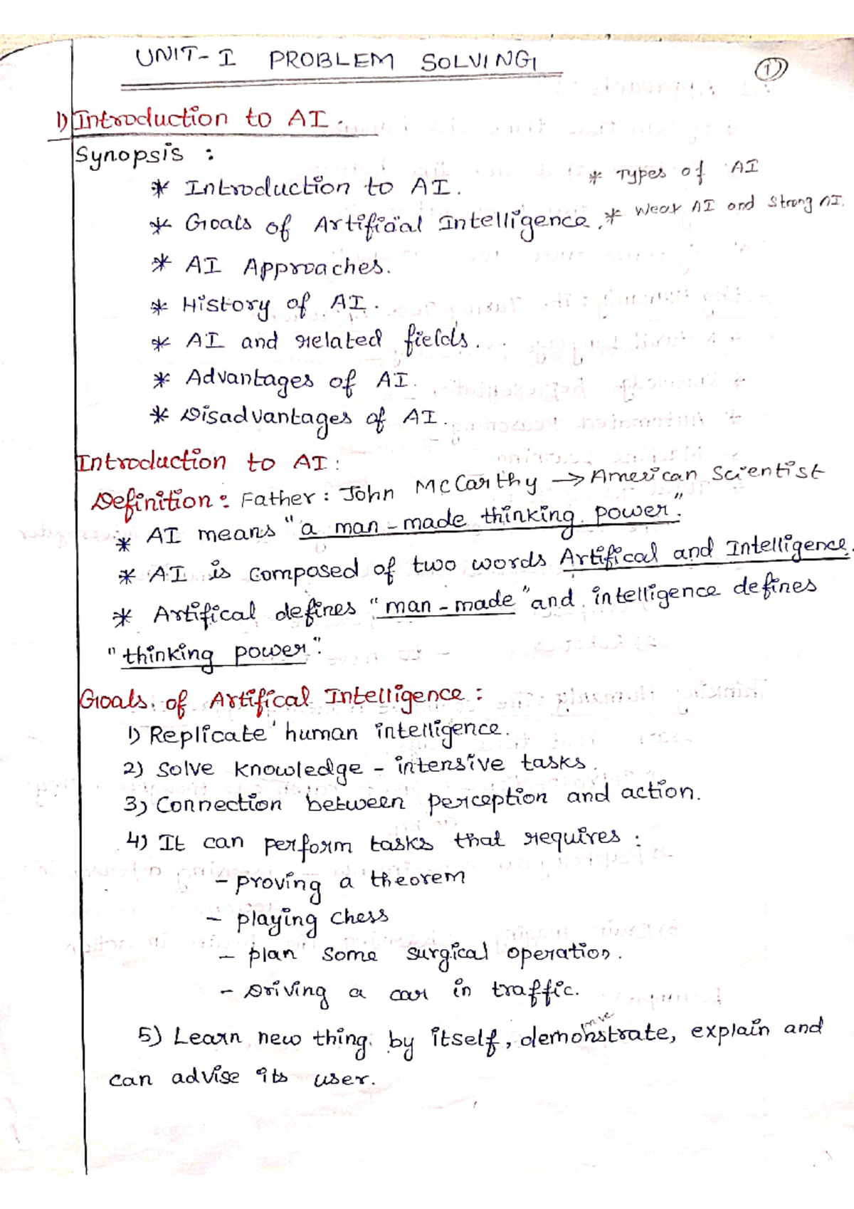 AIML - UNIT 1 Notes - I PROBLEM SOLVING 1 1) Introduction to AI ...