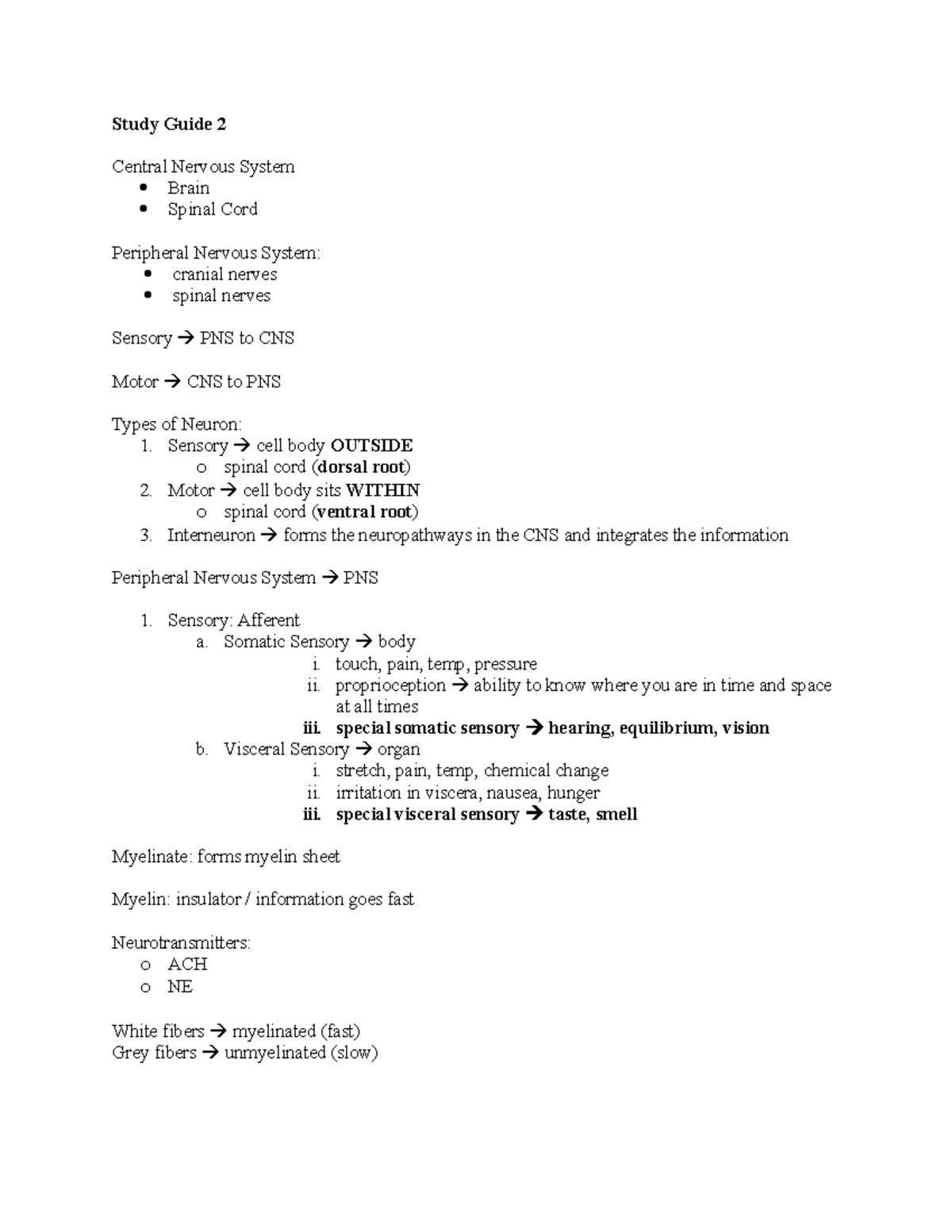 Anatomy Study Guide 2 - Study Guide 2 Central Nervous System Brain ...