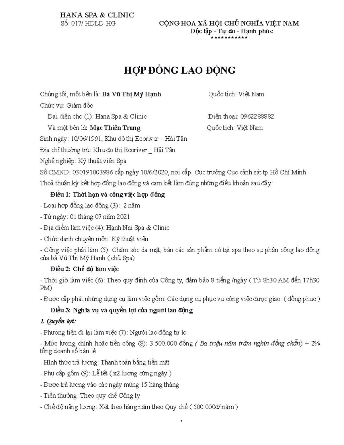 HDLD Mạc Thiên Trang - 123456789 - HANA SPA & CLINIC Số: 017/ HDLD-HG ...