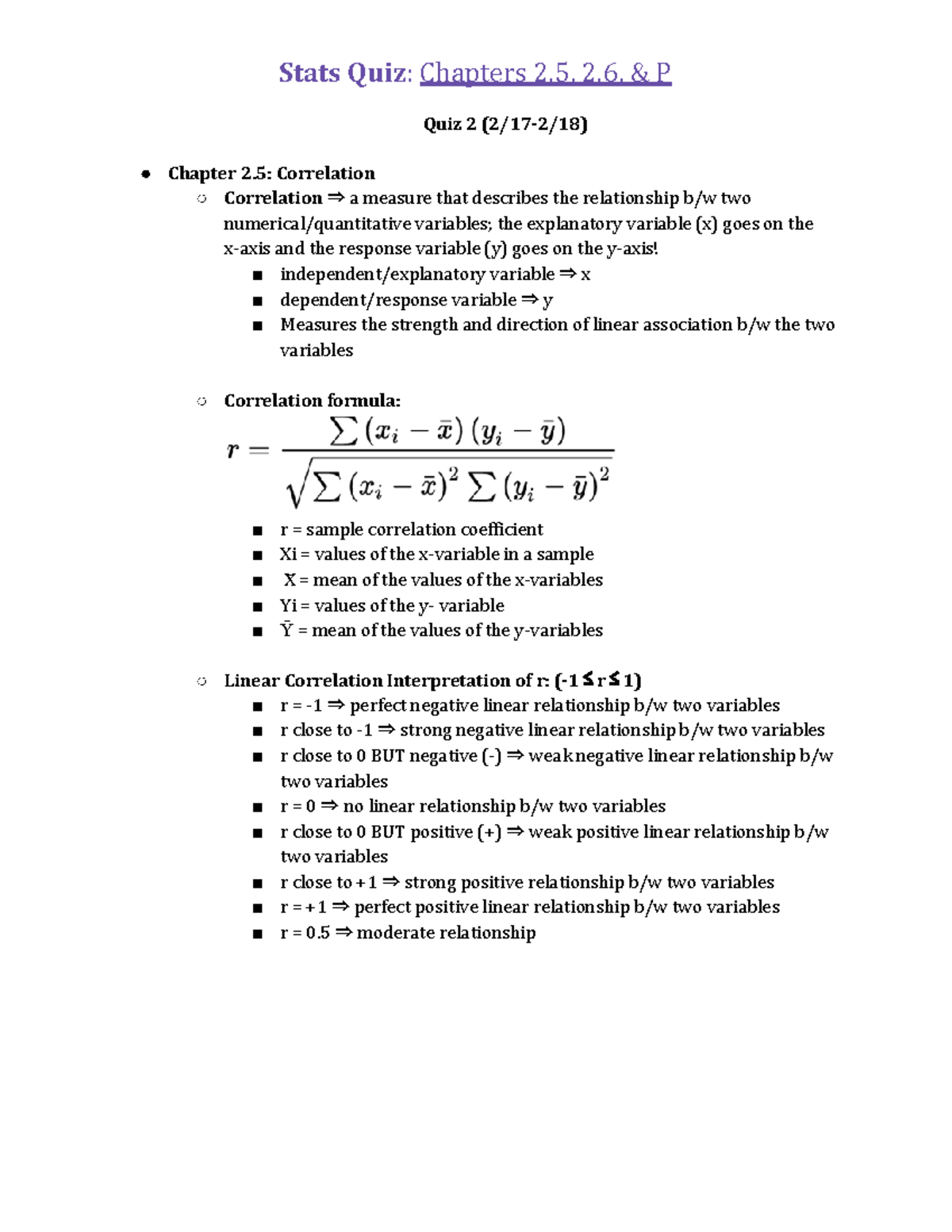 Stats Quiz 2 Study Guide - Quiz 2 (2/17-2/18) Chapter 2: Correlation ...