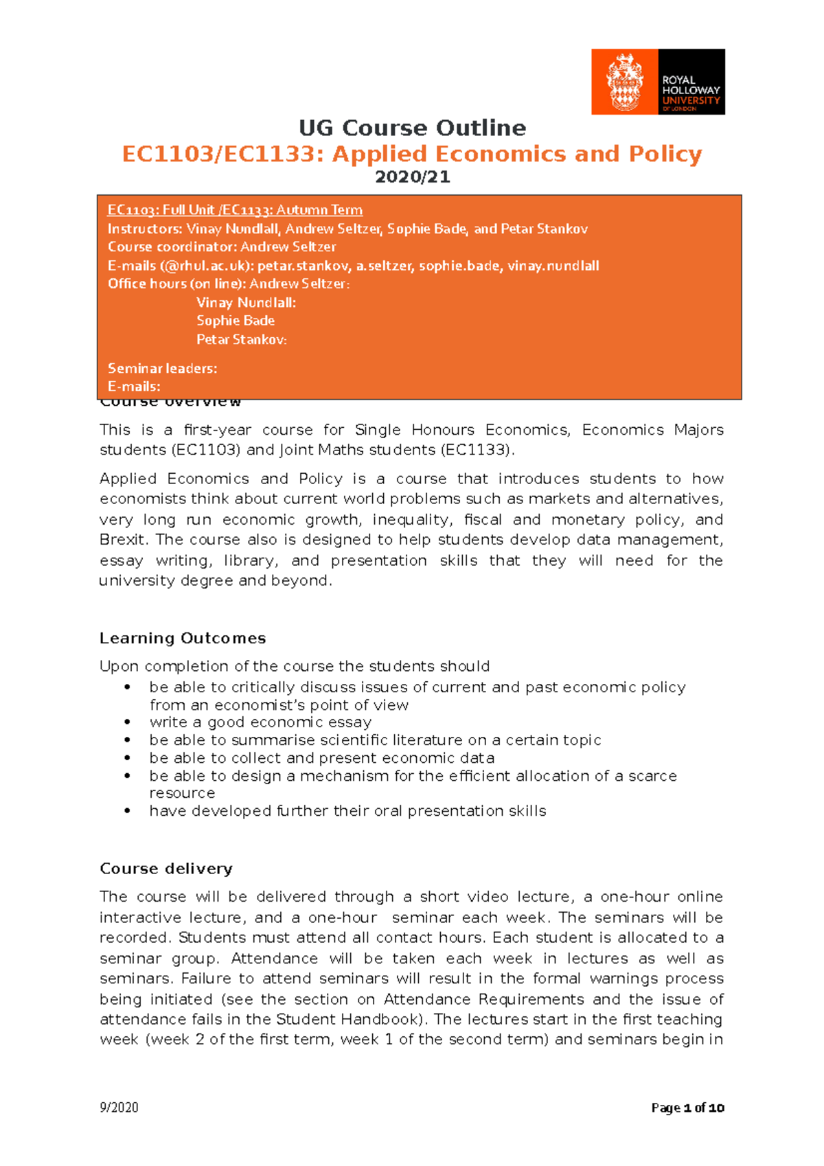 Course outline 2020 21 a - UG Course Outline EC1103/EC1133: Applied ...