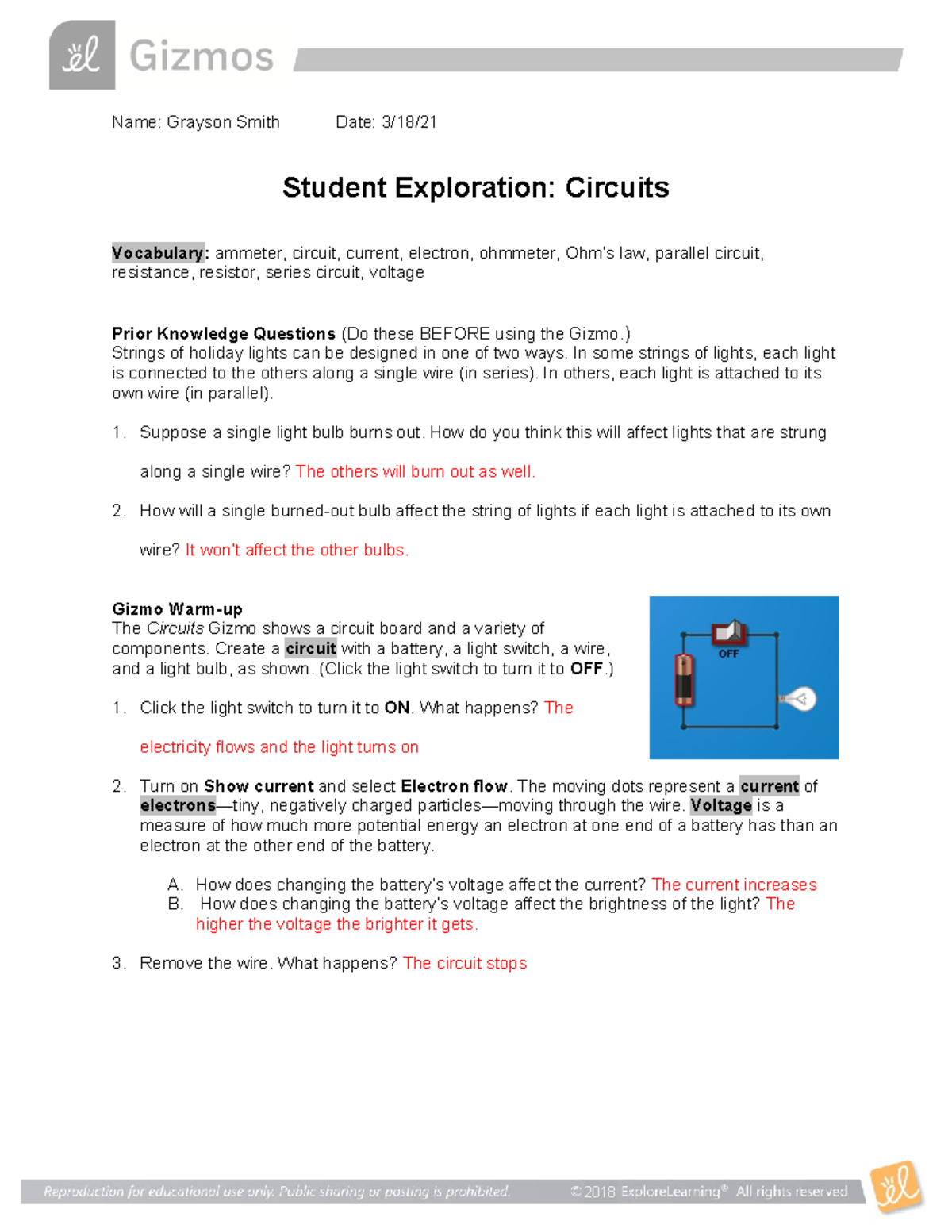 504451005 Circuits SE Gizmo 1 - Name: Grayson Smith Date: 3/18/ Student ...