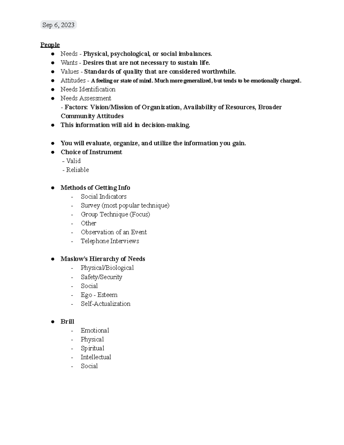 SRA 302 Lecture Notes 9 6 - Sep 6, 2023 People Needs - Physical ...