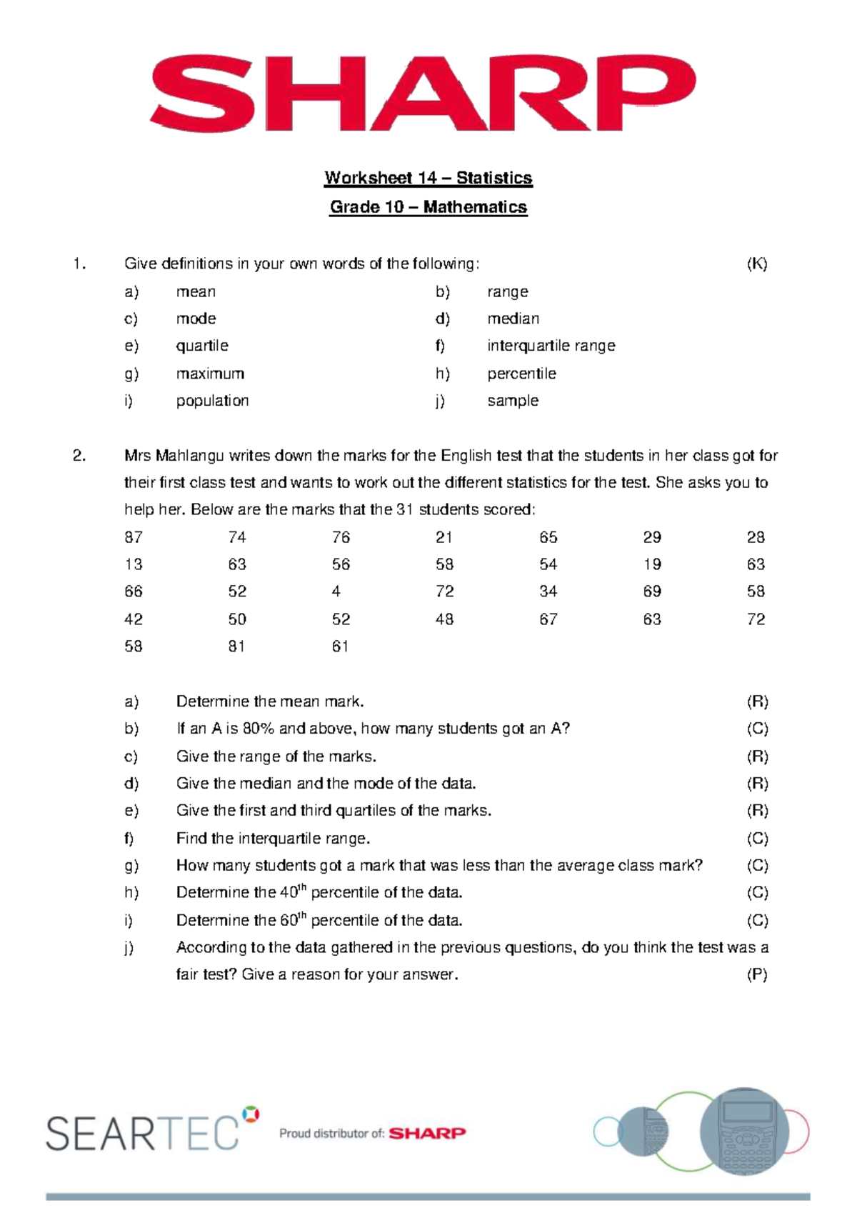 Worksheet 14 Statistics Grade 10 Mathematics - Worksheet 14 ...